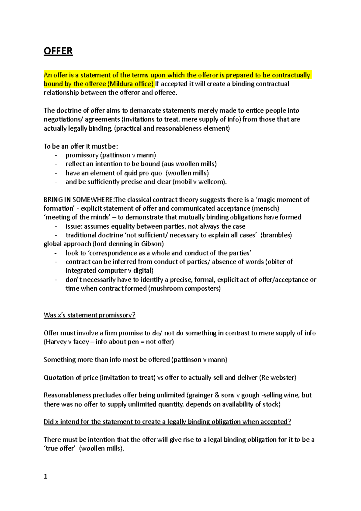 Contracts Flowchart - OFFER An offer is a statement of the terms upon ...