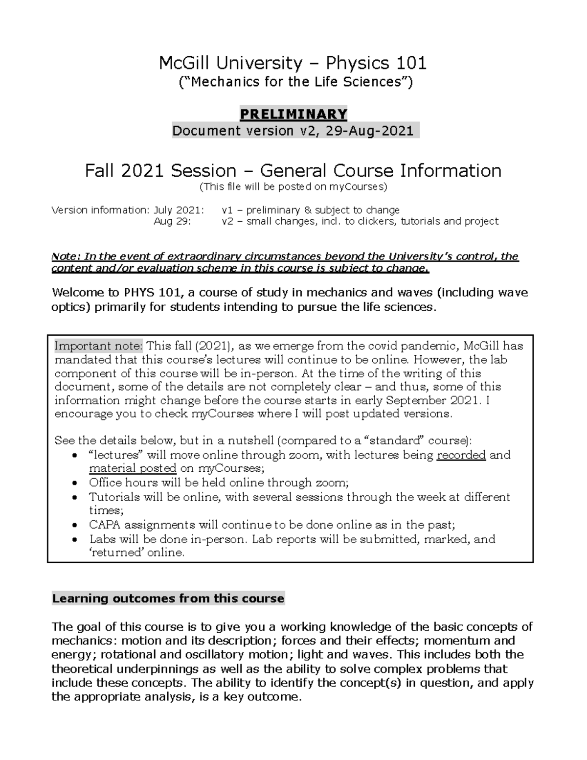 Phys101 2021 course information v2 - McGill University – Physics 101 ...