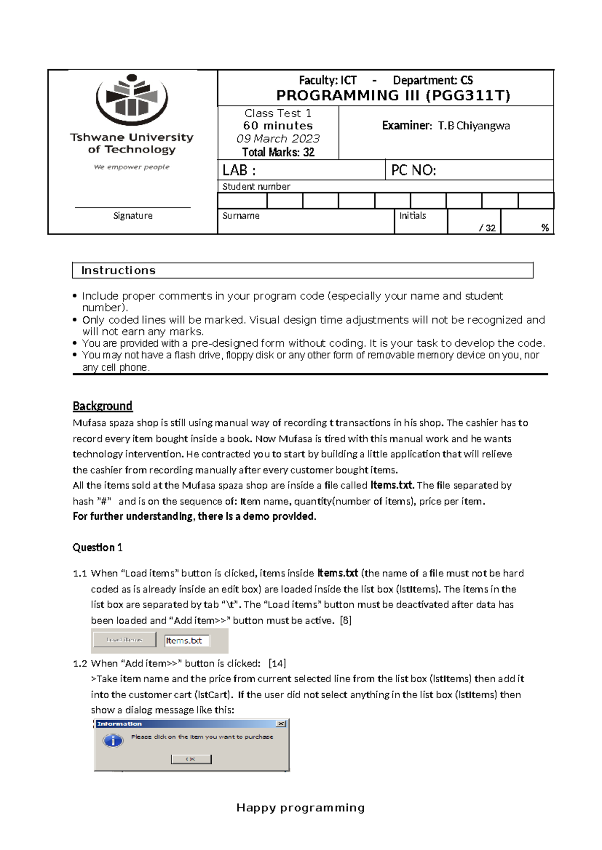 CT1 - This a class test question paper written 2024 for PGM216D ...