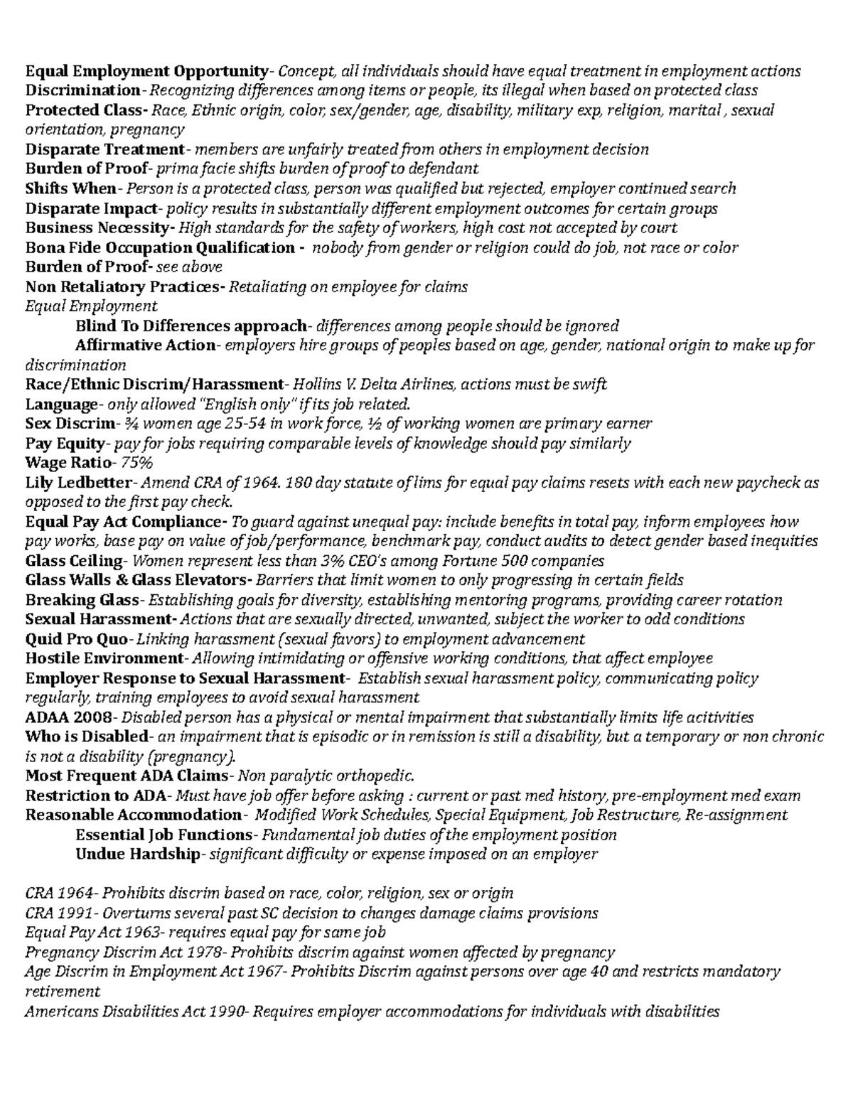 Chapter 3A Quiz Cheat Sheet - Equal Employment Opportunity- Concept ...