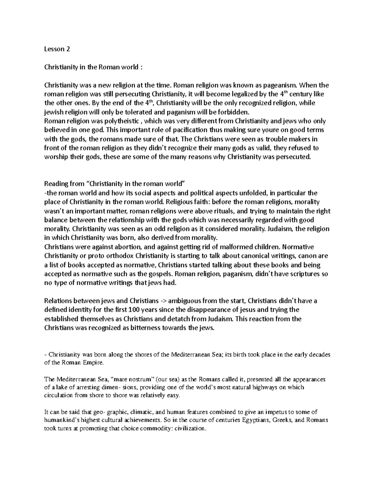 Lesson 2 - Lecture notes 2 - Lesson 2 Christianity in the Roman world ...