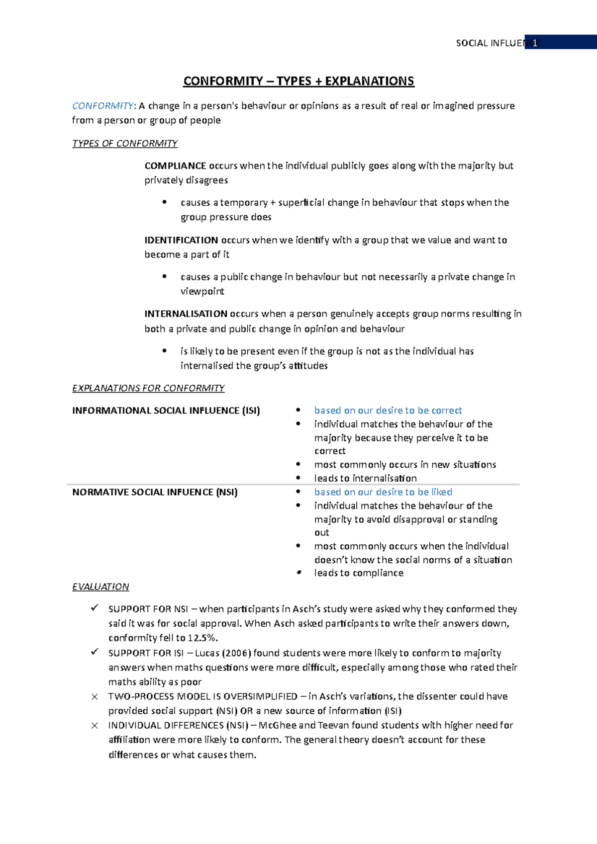 Social Influence - notes - CONFORMITY – TYPES + EXPLANATIONS CONFORMITY ...