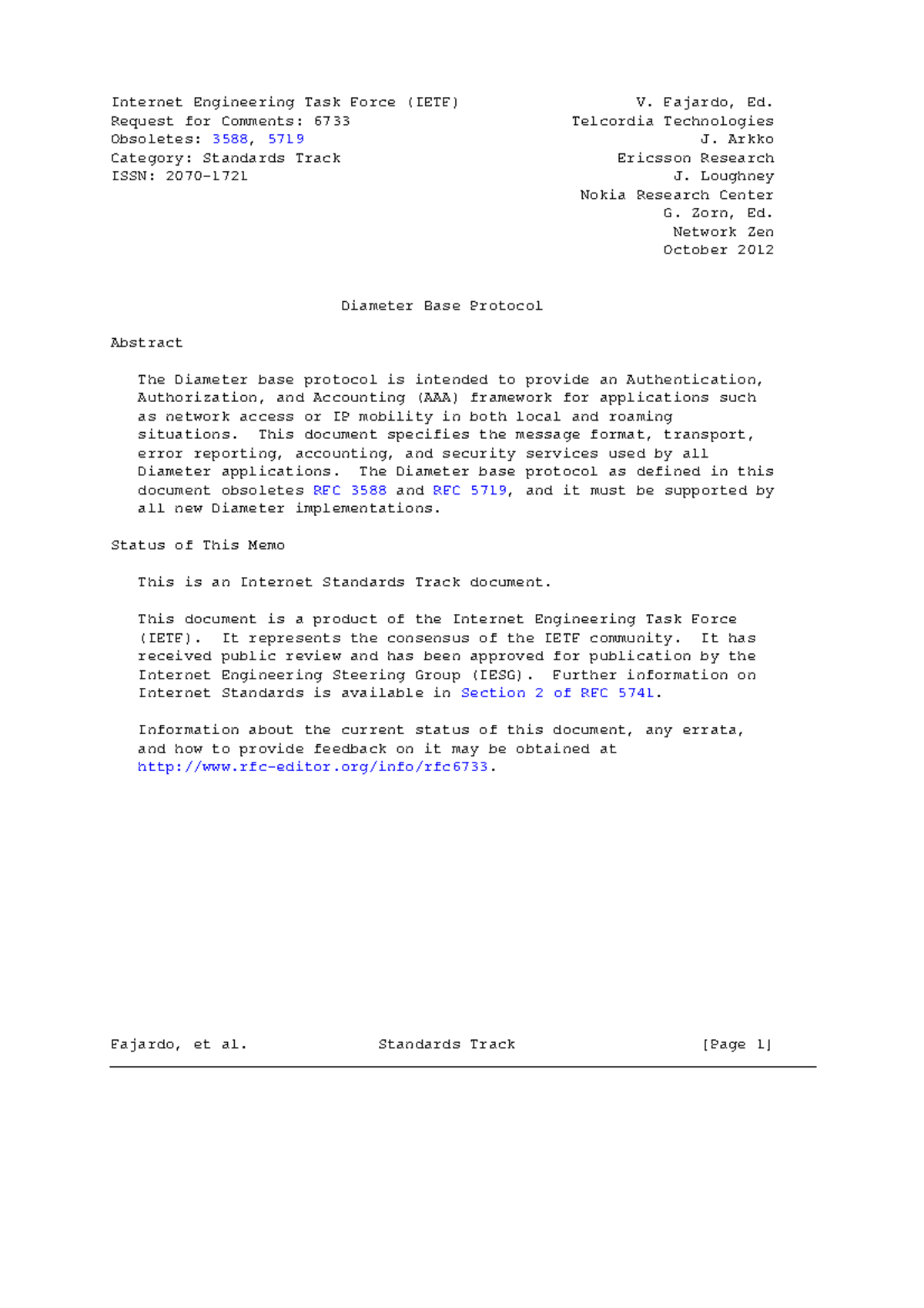Rfc6733 - Bdbfh - Internet Engineering Task Force (IETF) V. Fajardo, Ed ...