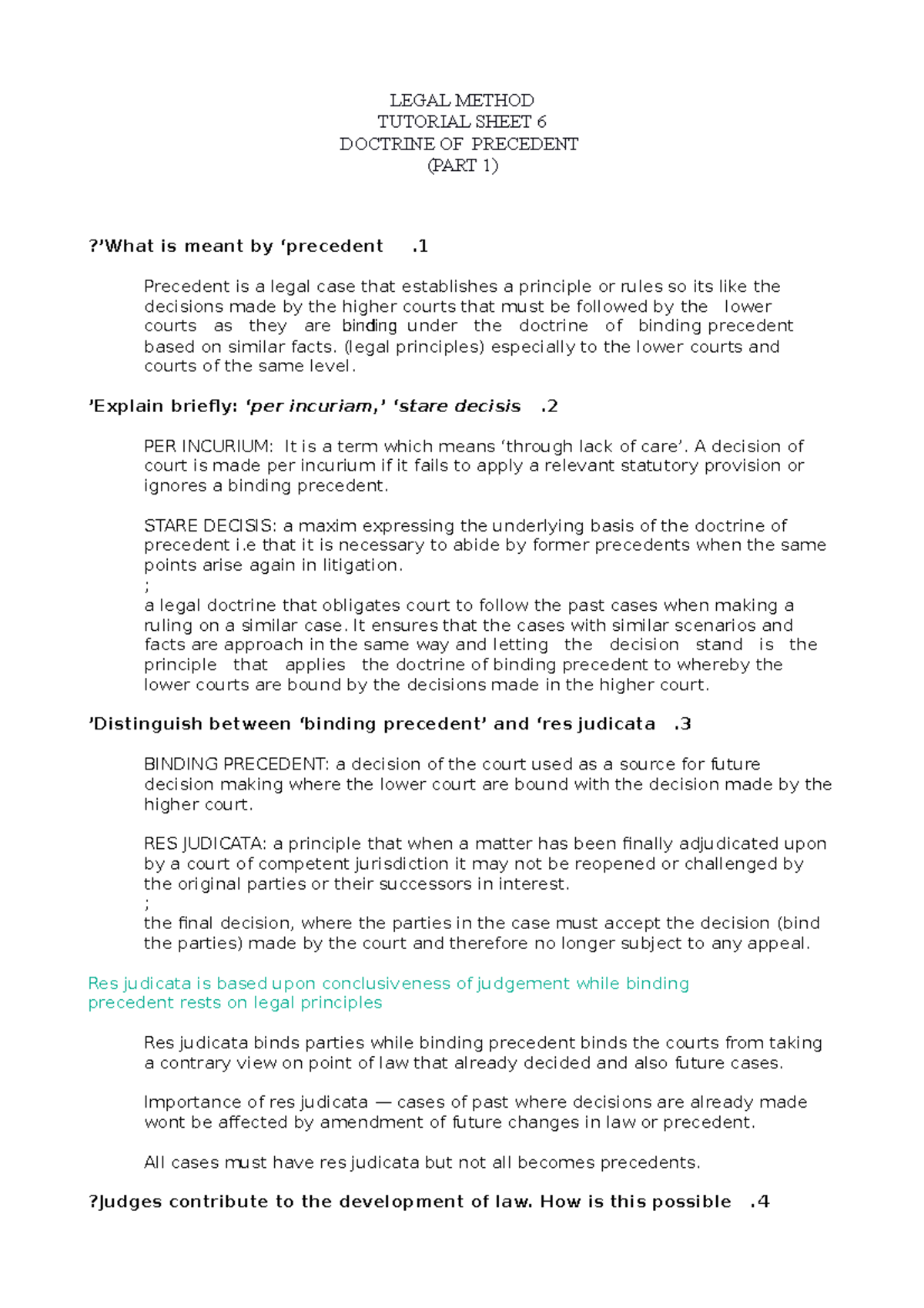 Puzzle LM words - 강의 필기 8 - LEGAL METHOD TUTORIAL SHEET 6 DOCTRINE OF ...