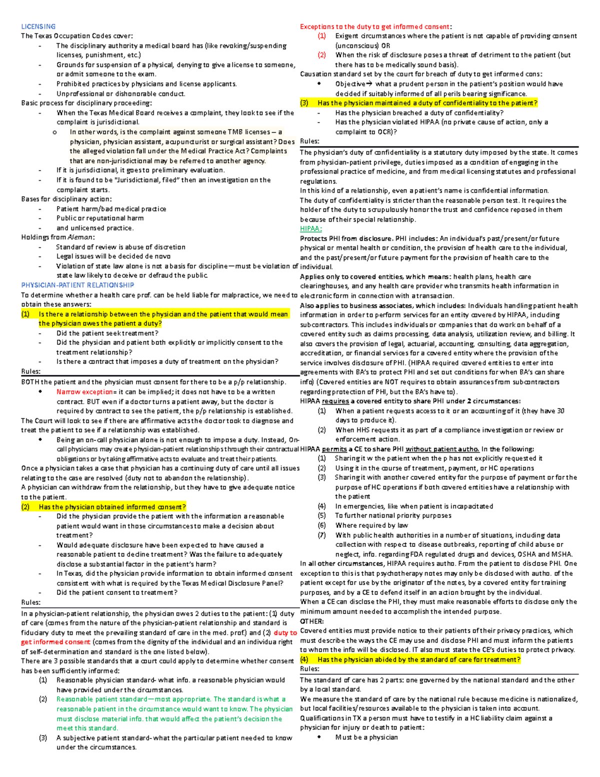 Healthcare Law Midterm One Sheeter - LICENSING The Texas Occupation ...