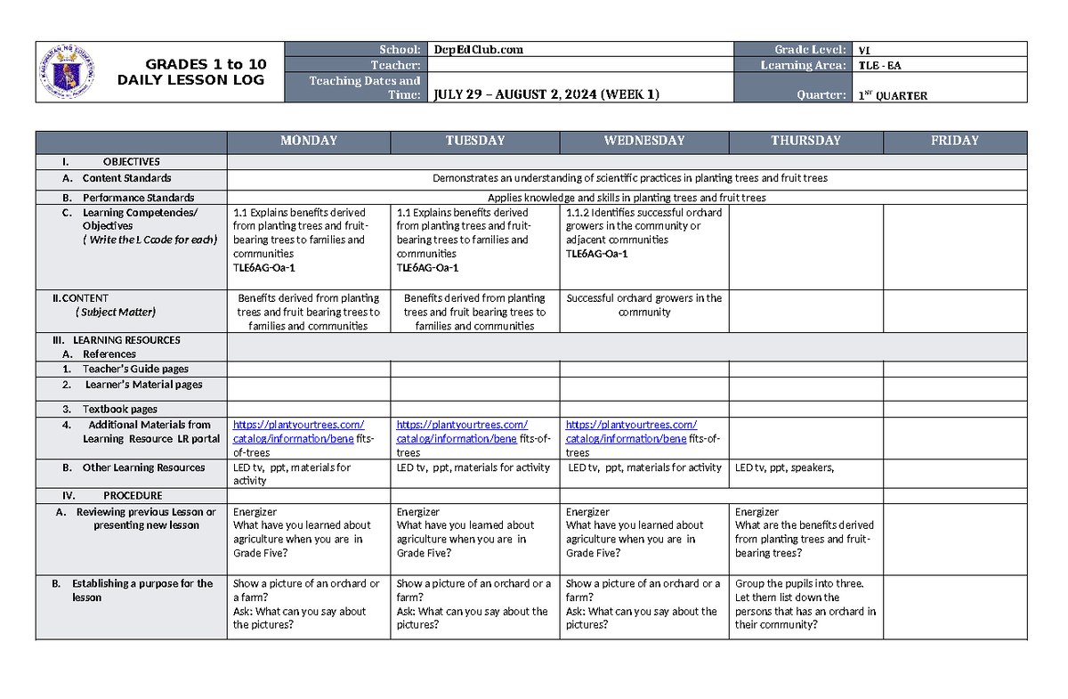 DLL TLE 6 Q1 W1 - TLE - GRADES 1 to 10 DAILY LESSON LOG School ...