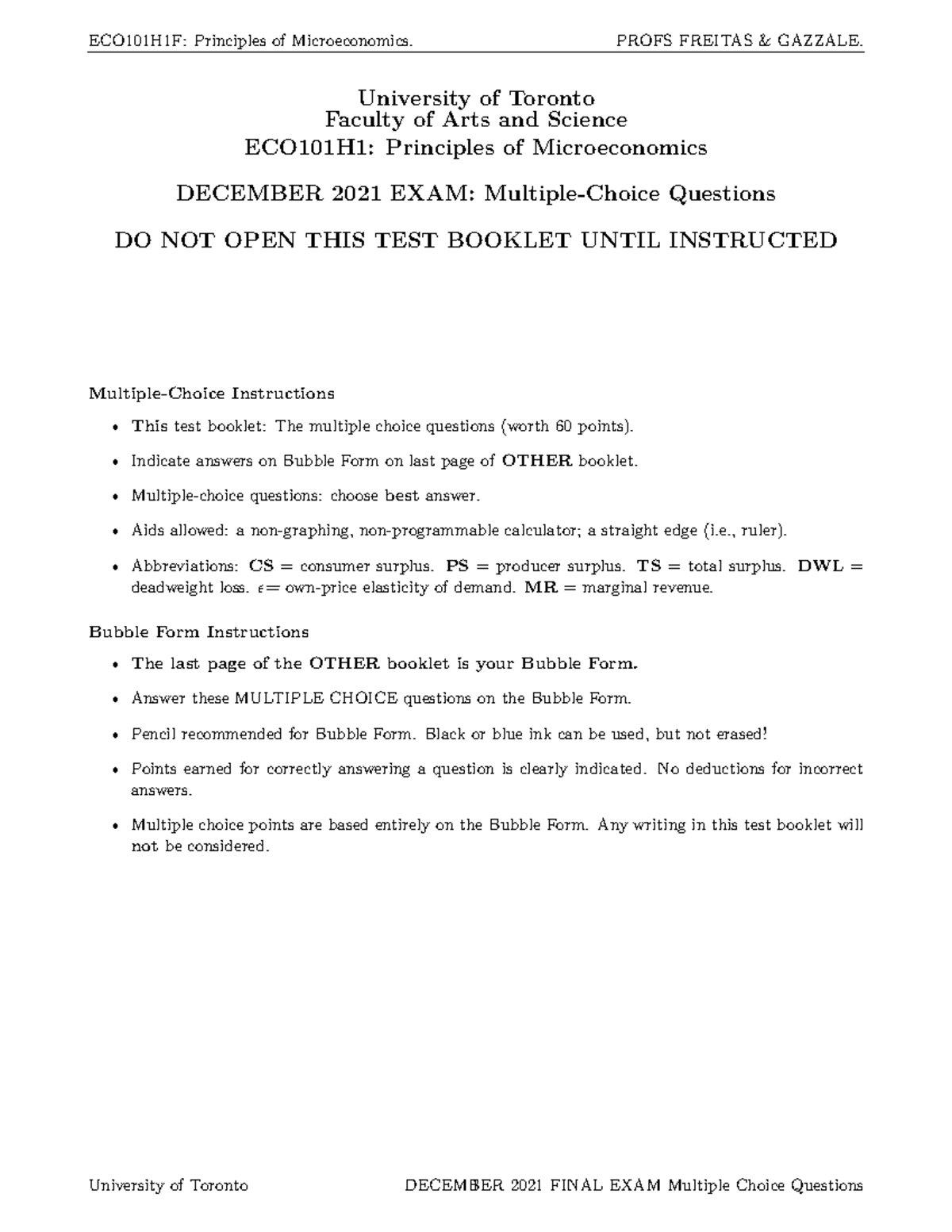 ECO101 Fall 2021 Final Multiple Choice Questions Freitas - University of Toronto Faculty of Arts ...