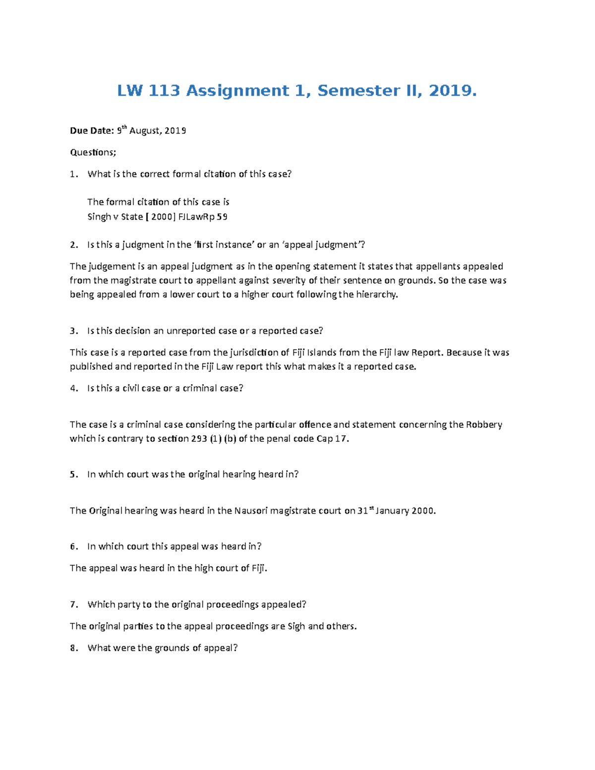 LW 113 Assignment 1 - notes - LW 113 Assignment 1, Semester II, 2019 ...