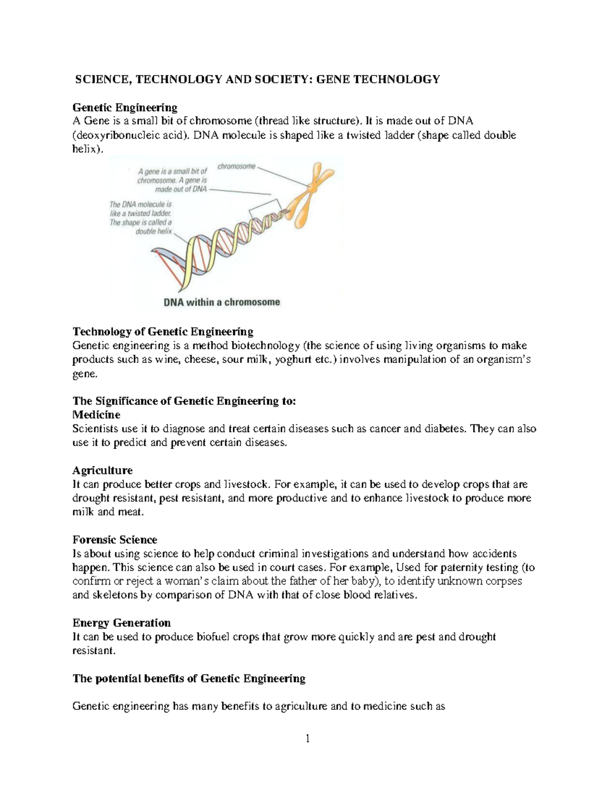 FORM 2 Notes - SCIENCE, TECHNOLOGY AND SOCIETY: GENE TECHNOLOGY Genetic ...