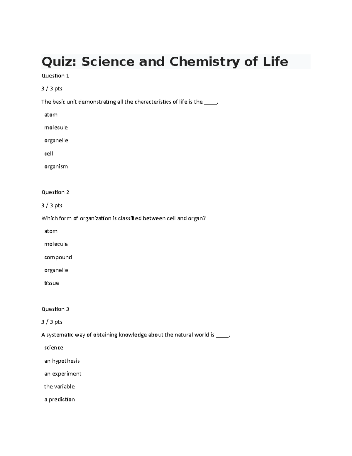 Science and Chemistry of Life - Quiz: Science and Chemistry of Life ...