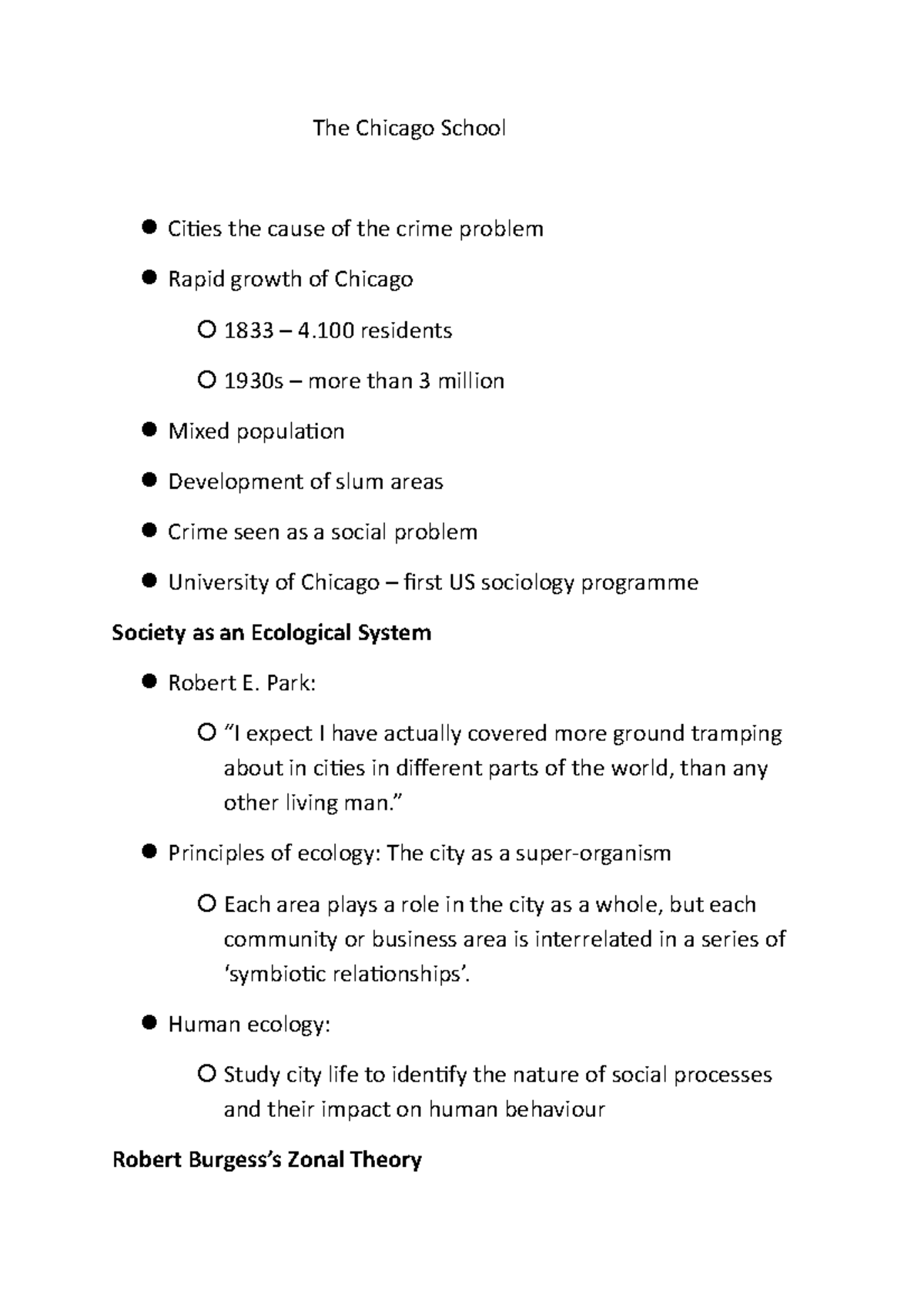 The Chicago School - Lecture notes 5 - The Chicago School Cities the ...