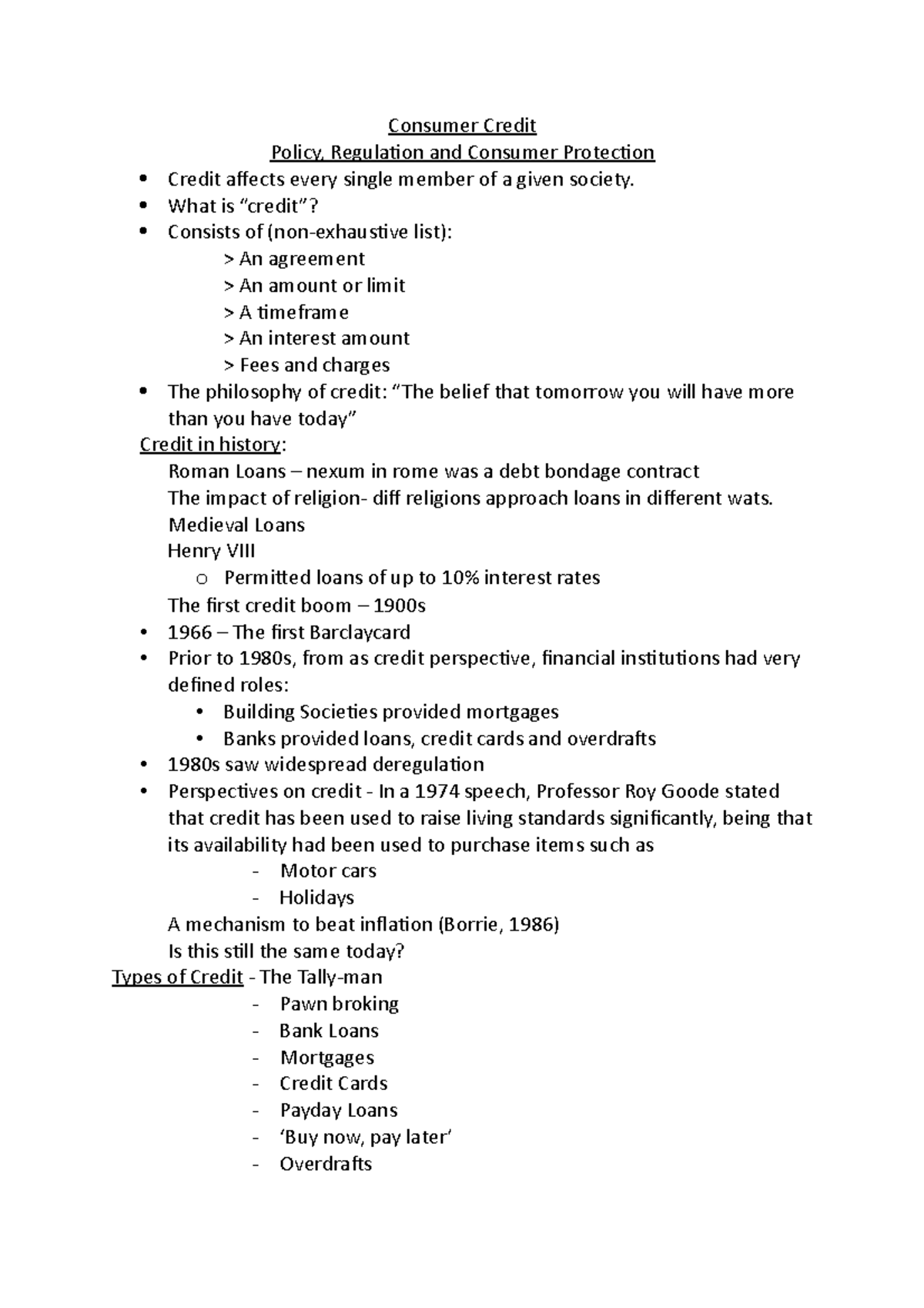 Consumer Credit - notes - Consumer Credit Policy, Regulation and ...