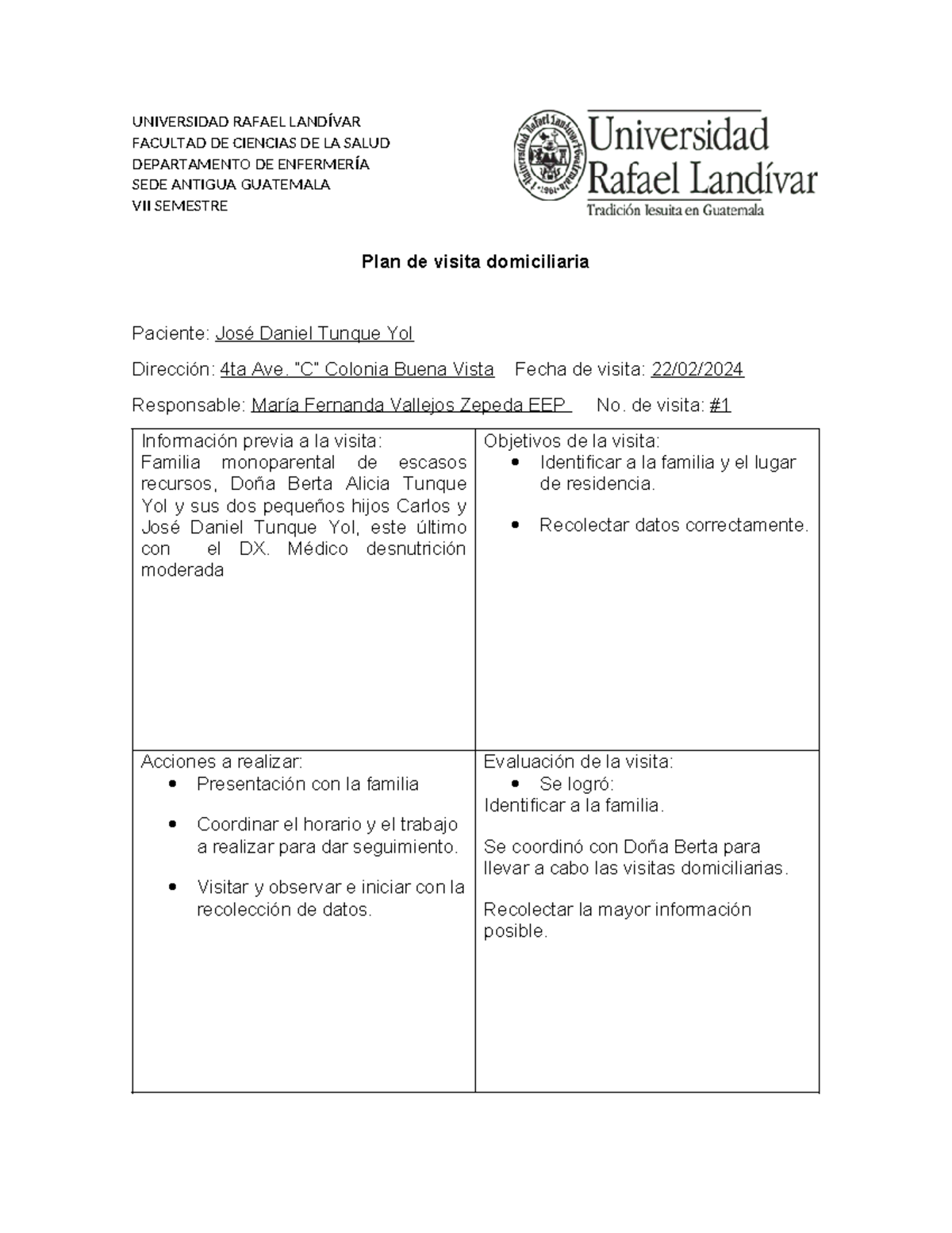 Plan de visita domiciliaria - UNIVERSIDAD RAFAEL LANDÍVAR FACULTAD DE ...