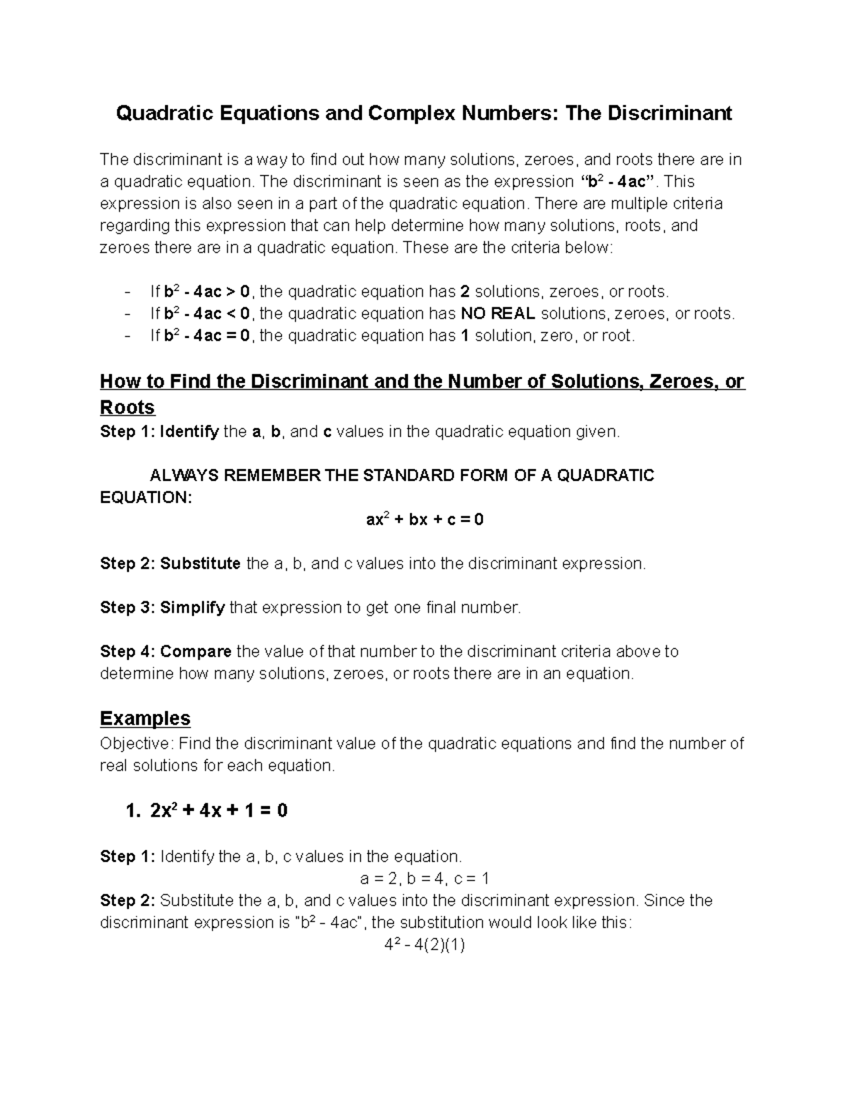 The Discriminant - Quadratic Equations and Complex Numbers: The ...