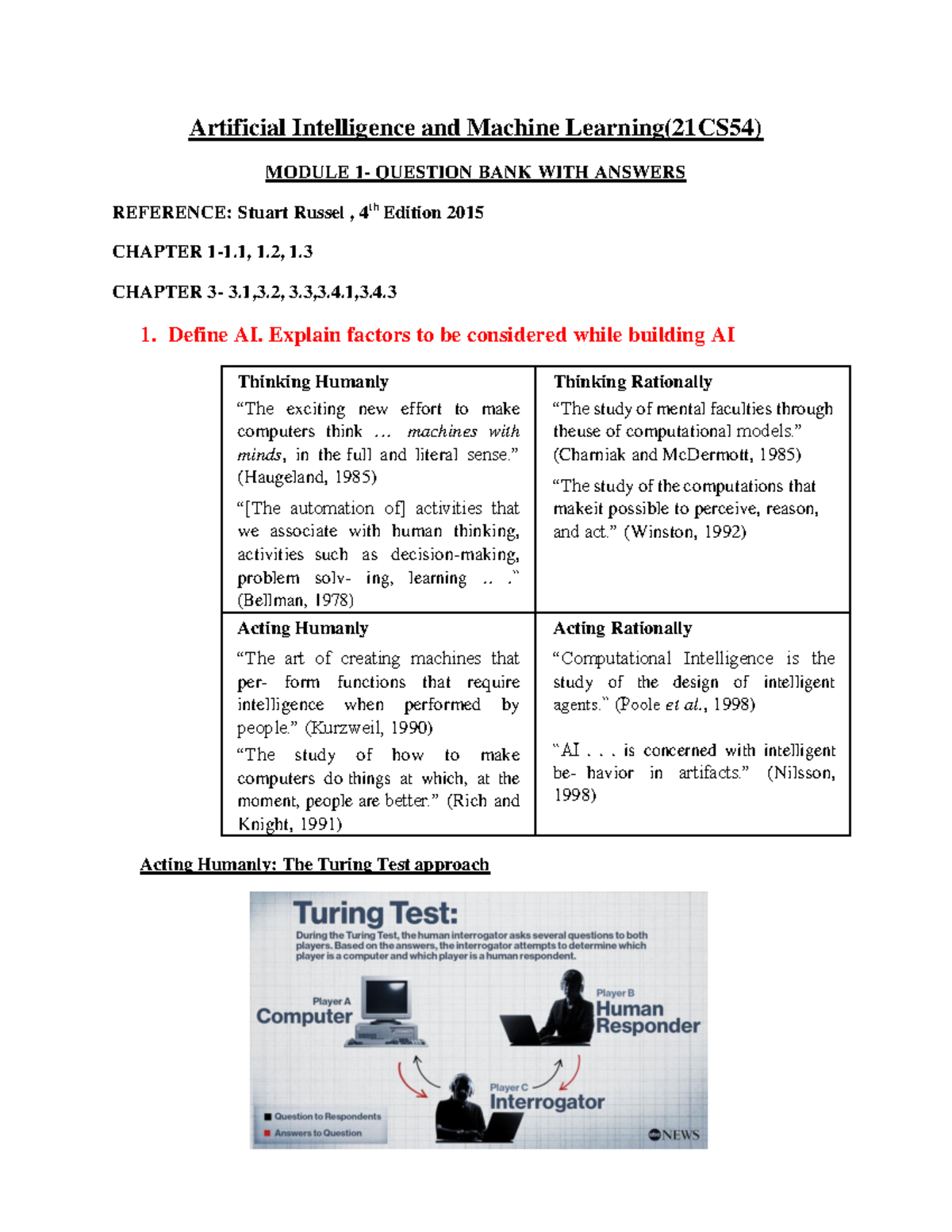 Module 1 question bank with answers - Artificial Intelligence and Machine Learning(21CS54 ...