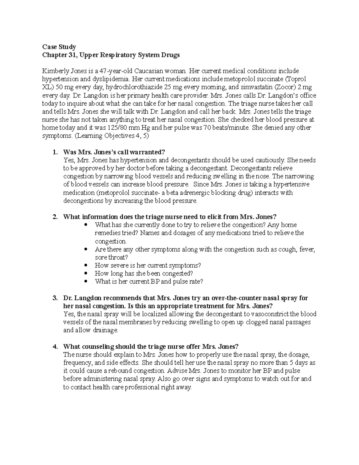 Resp. Case Study Pharm. - Case Study Chapter 31, Upper Respiratory ...
