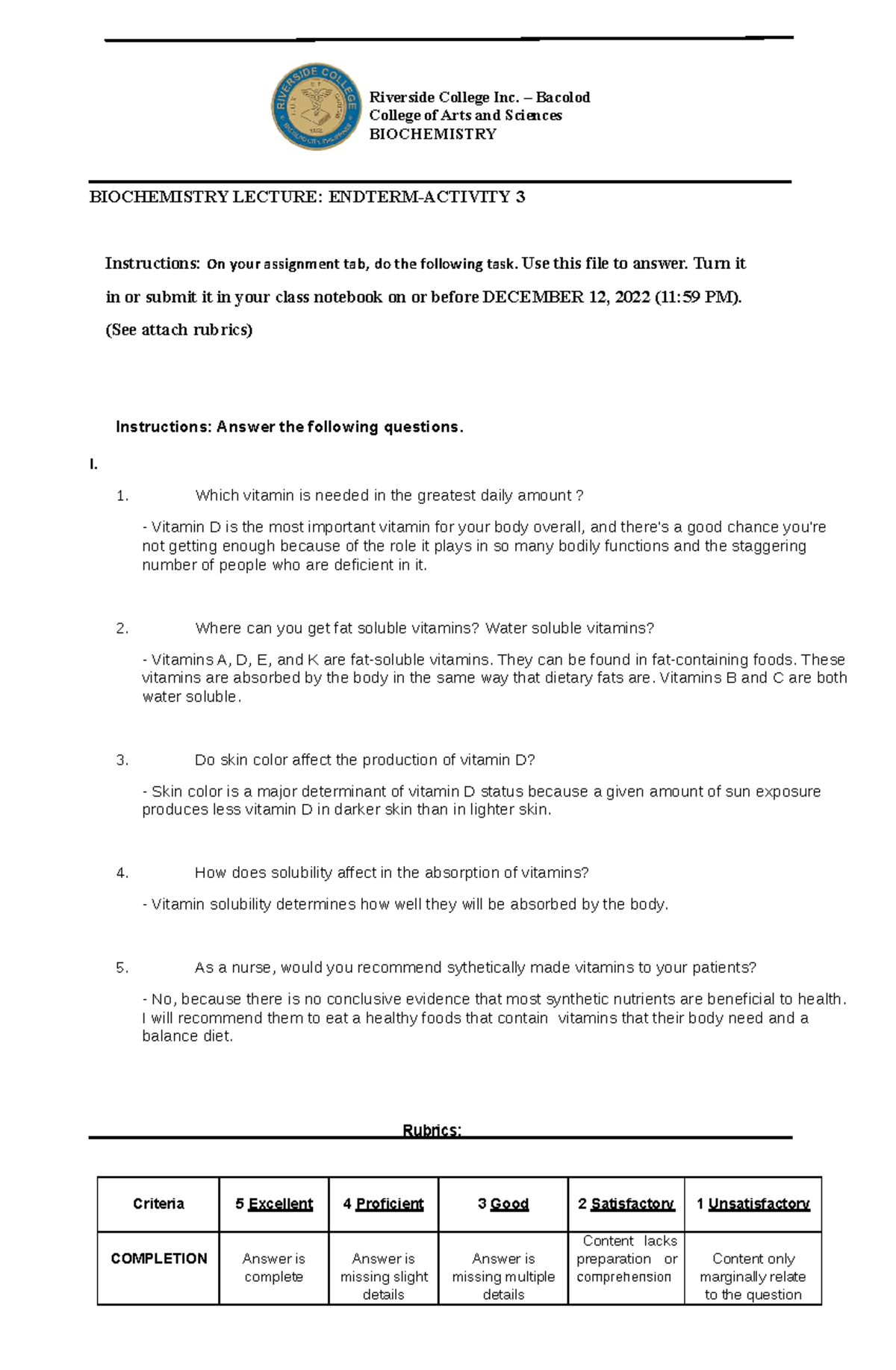 Biochemistry Lecture- Endterm- Activity 3 - Riverside College Inc. – Bacolod College of Arts and ...