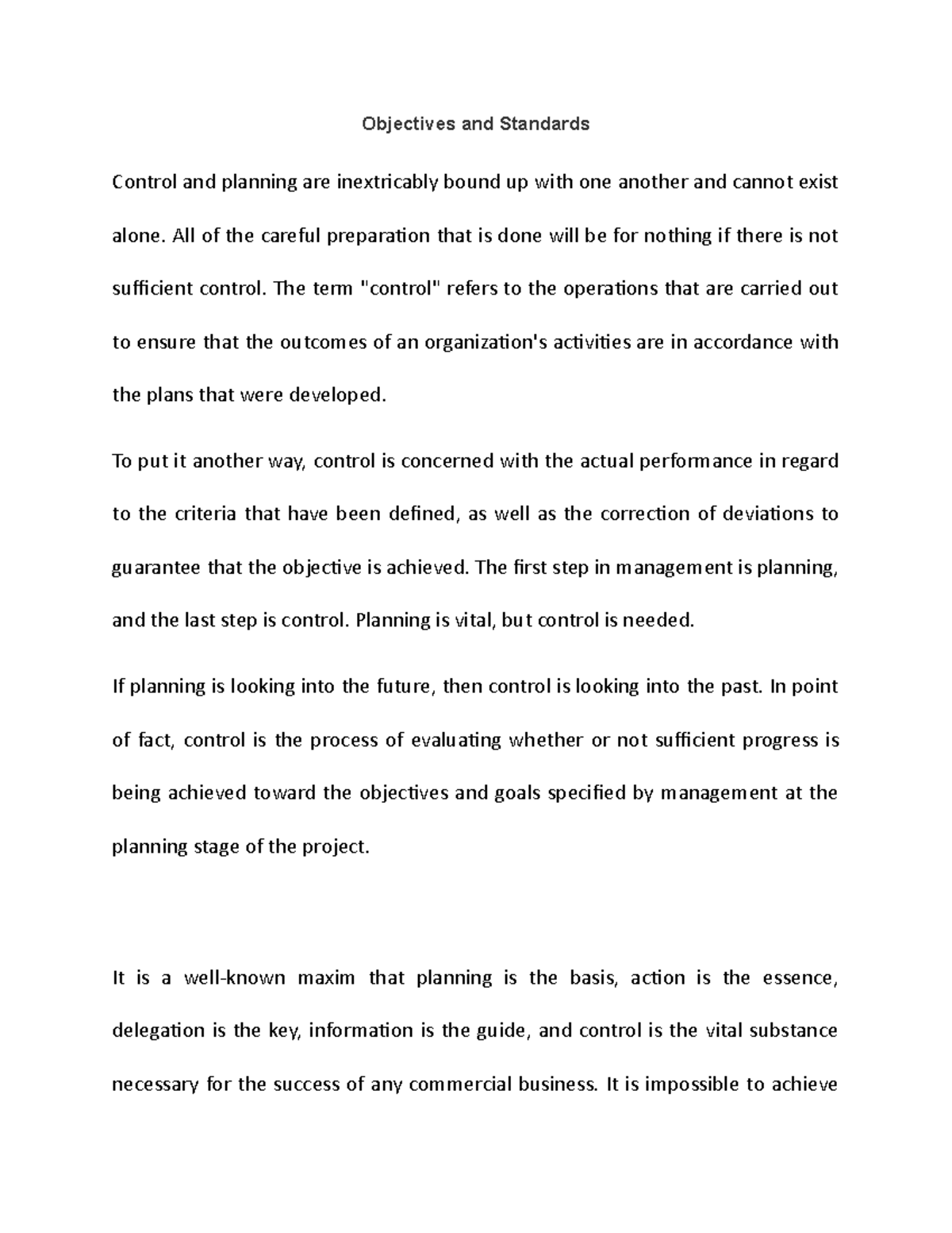 Objectives and Standards - Objectives and Standards Control and ...