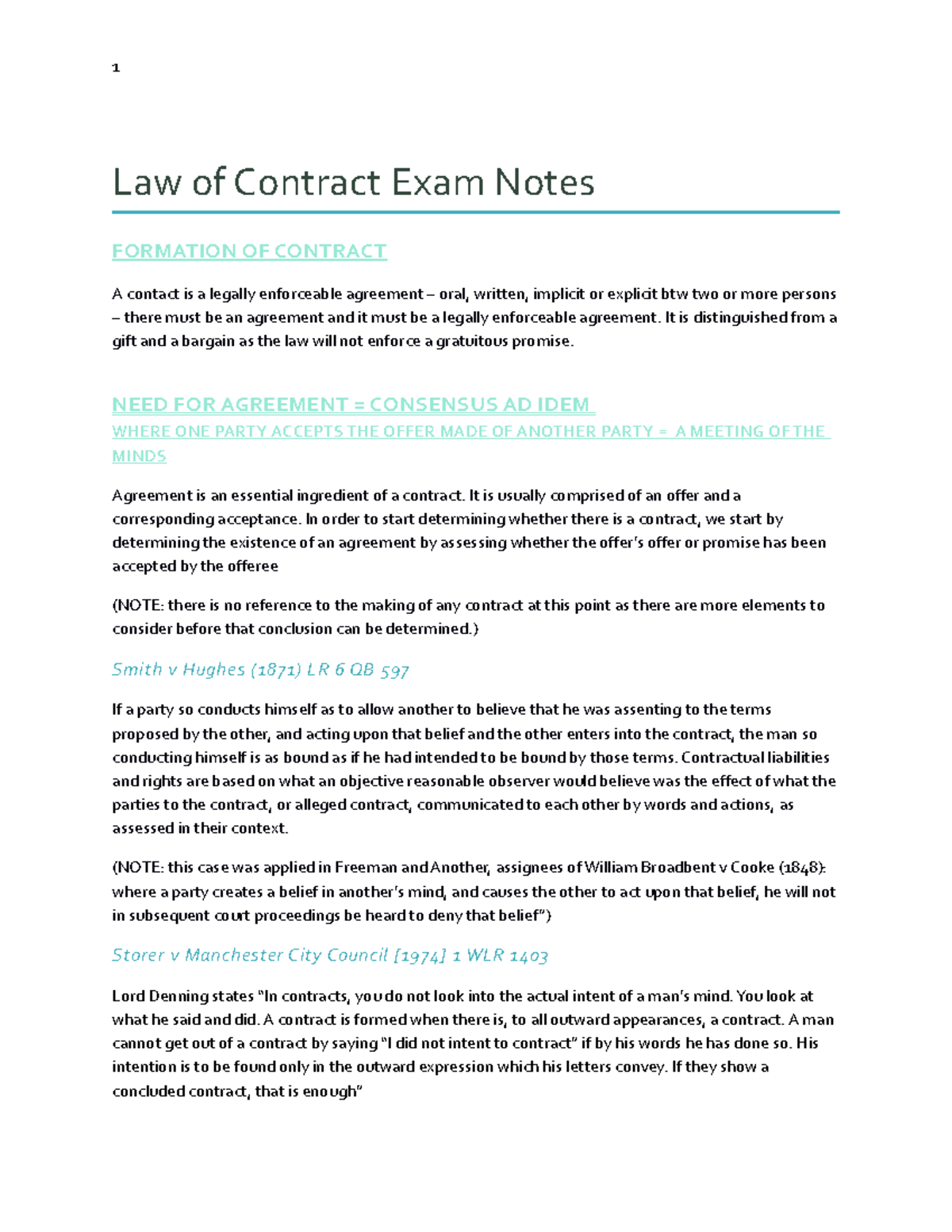 Law of Contract Exam Notes - Law of Contract Exam Notes FORMATION OF ...