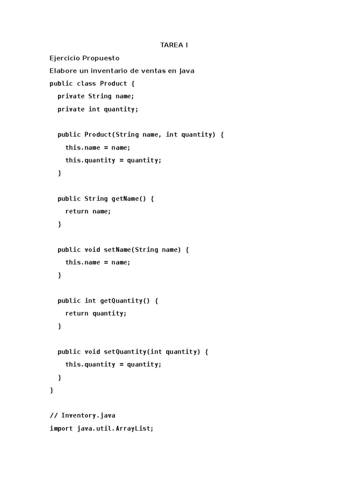 Tarea I - Inventario de Ventas Java - TAREA I Ejercicio Propuesto Elabore un inventario de ...