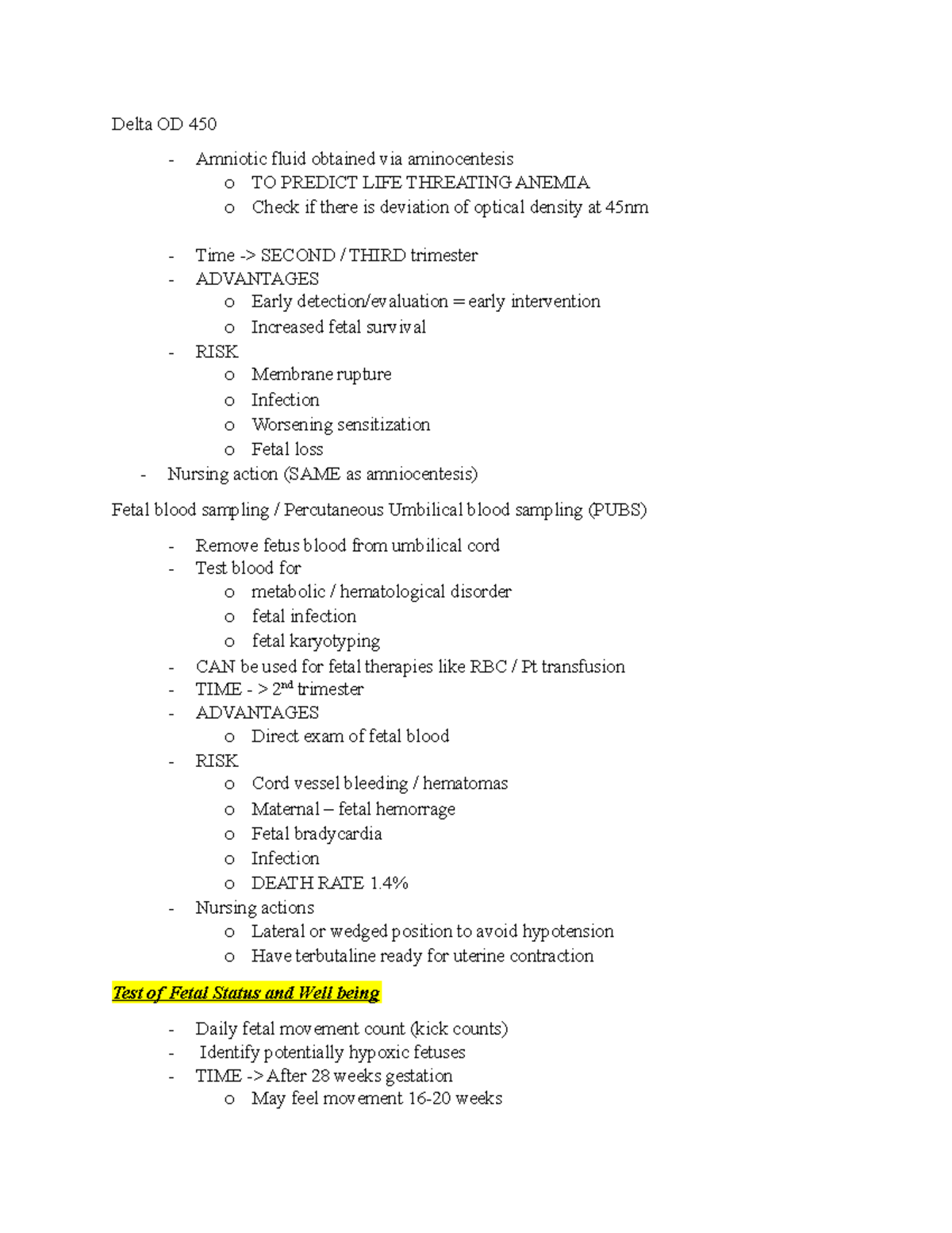 OB notes ch 4 - Delta OD 450 Amniotic fluid obtained via aminocentesis ...