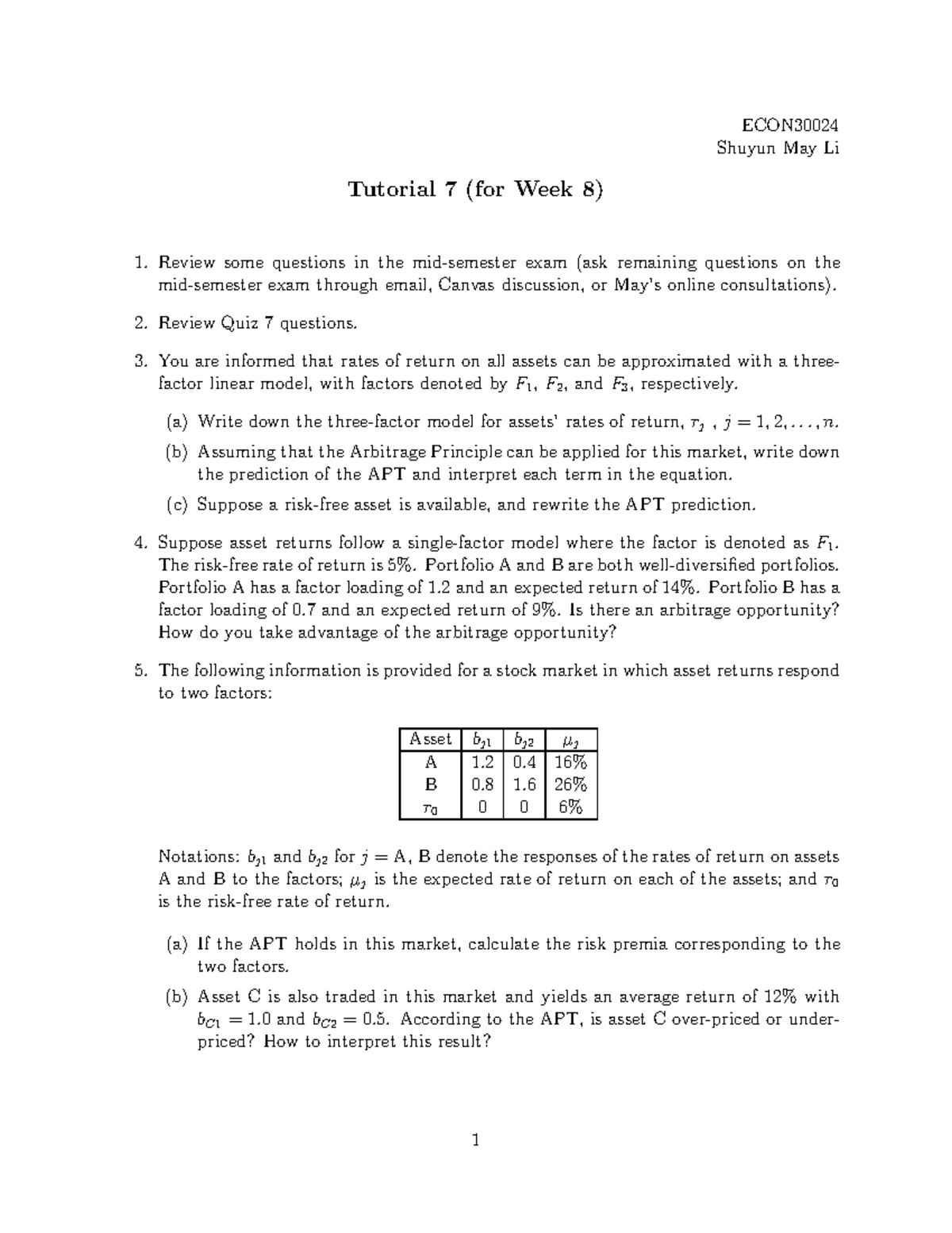Tutorial 7 - ECON30024 Shuyun May Li Tutorial 7 (for Week 8) 1. Review some questions in the ...