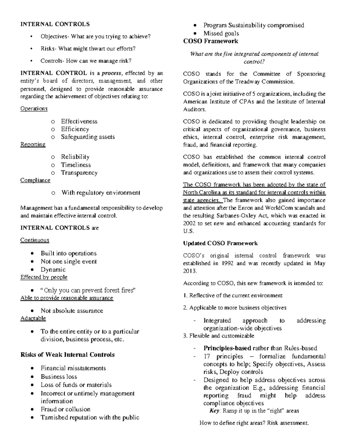 Internal Control Notes - INTERNAL CONTROLS Objectives- What are you ...