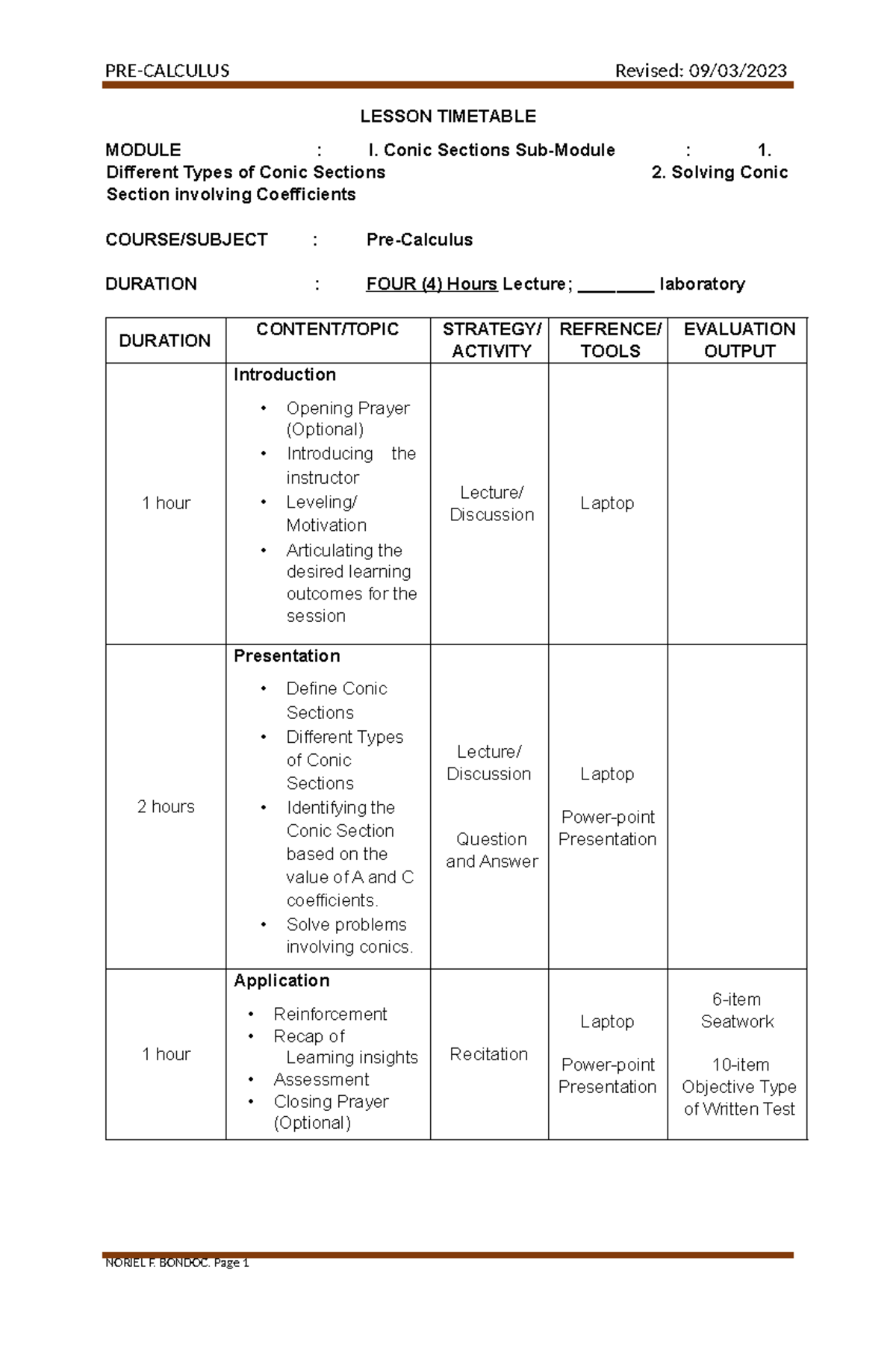 Module-1- Conics - module 1: conic sections - LESSON TIMETABLE MODULE ...