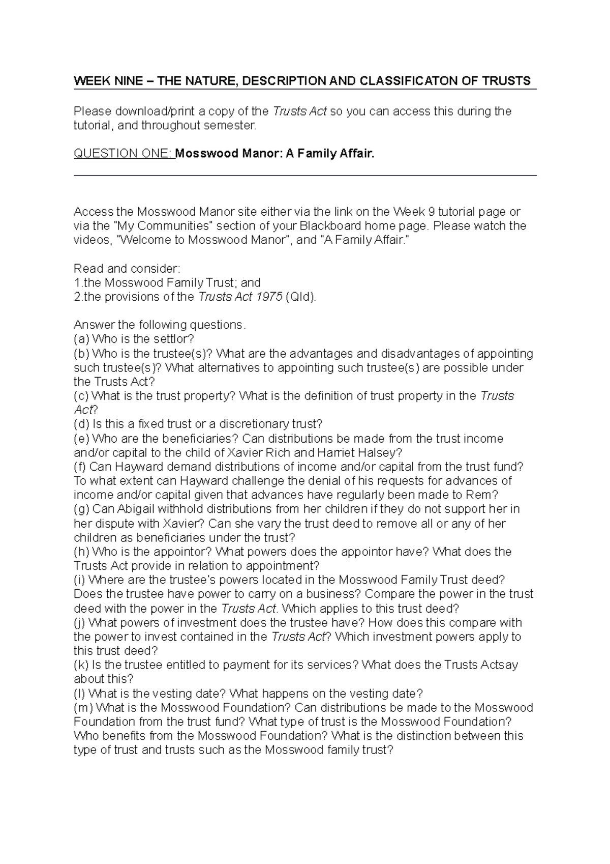 WK 9 TUT - Week 9 tutorial answers - WEEK NINE – THE NATURE, DESCRIPTION AND CLASSIFICATON OF ...