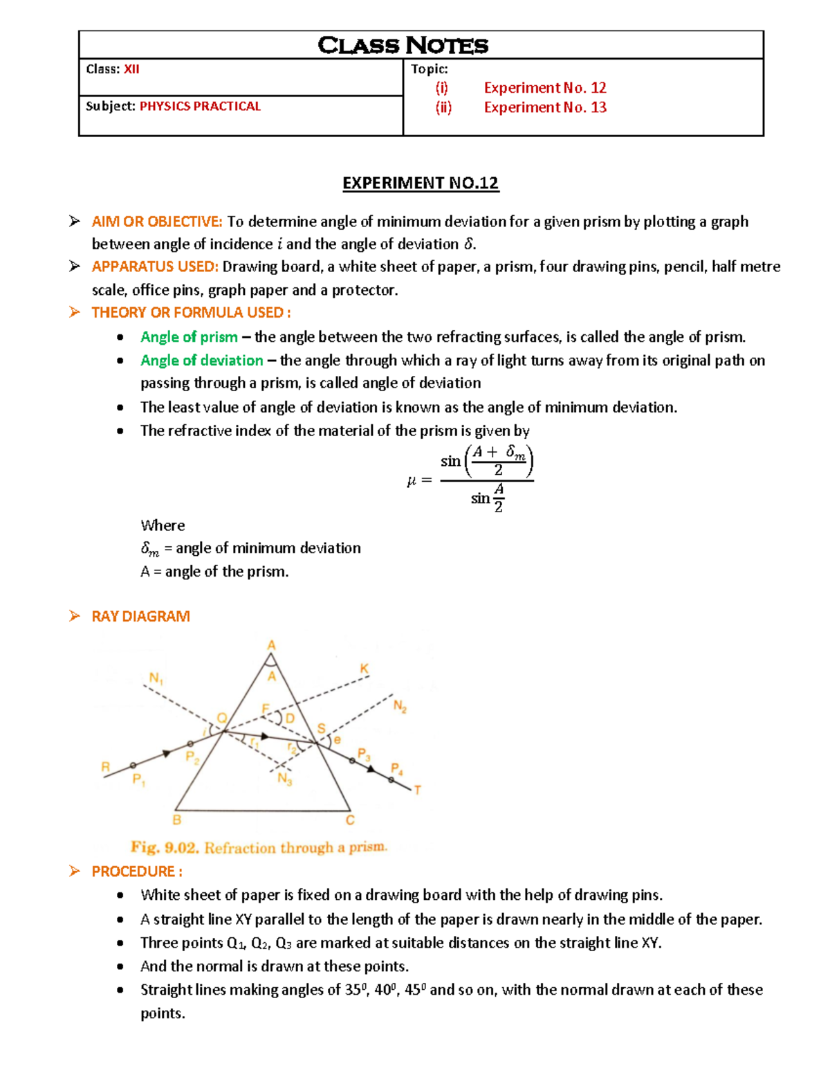 XII-PHY - Class Notes Class: XII Topic: (i) Experiment No. 12 Subject ...