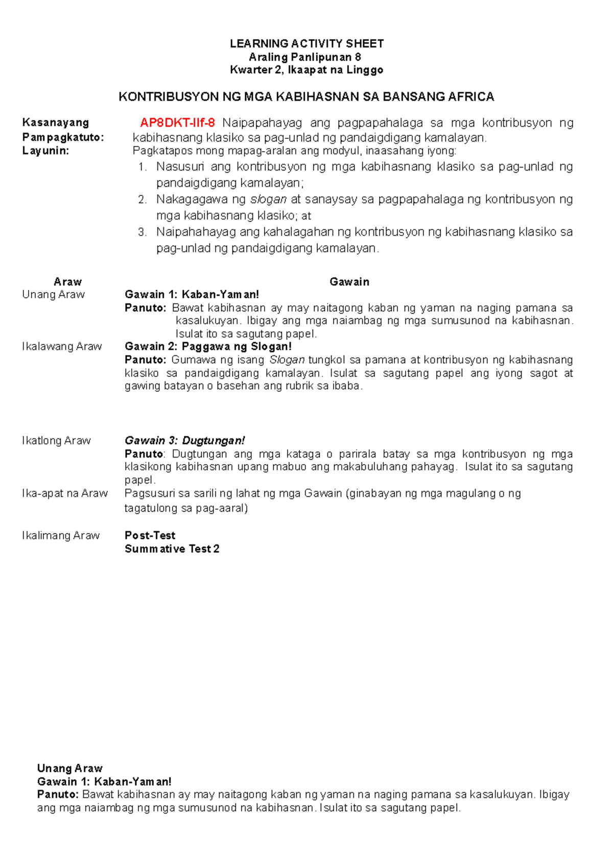 Learning Activity Sheet week 4 - LEARNING ACTIVITY SHEET Araling ...