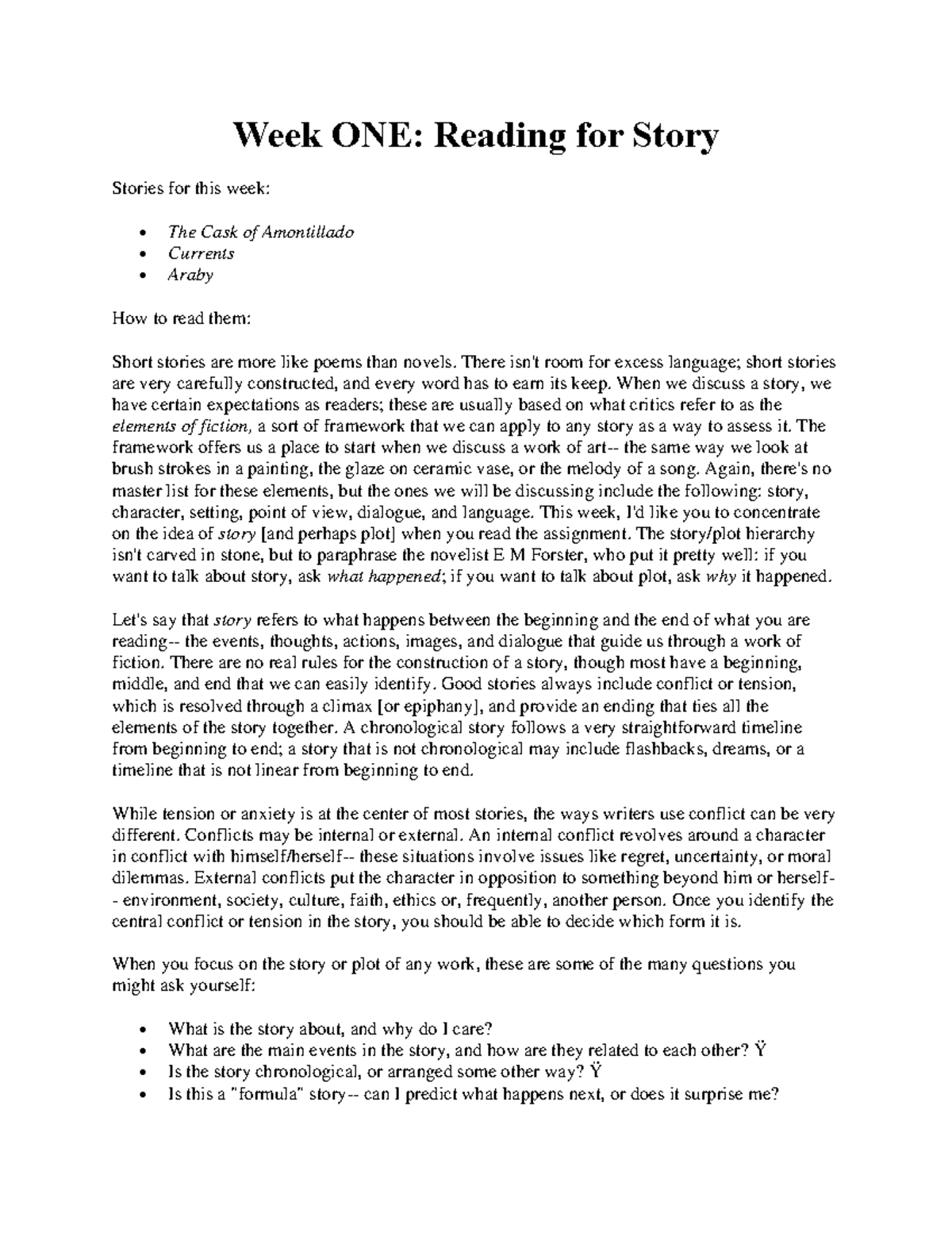 Week ONE- Reading for Story - ENG 243 - CSN - Studocu