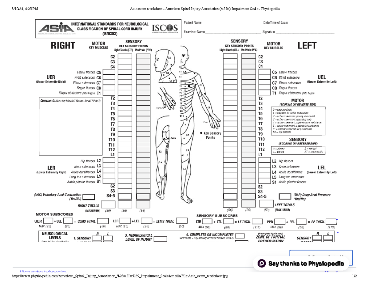 ASIA Myotome Map - MIMS 5101 - 3/10/24, 4:25 PM Asia exam worksheet ...
