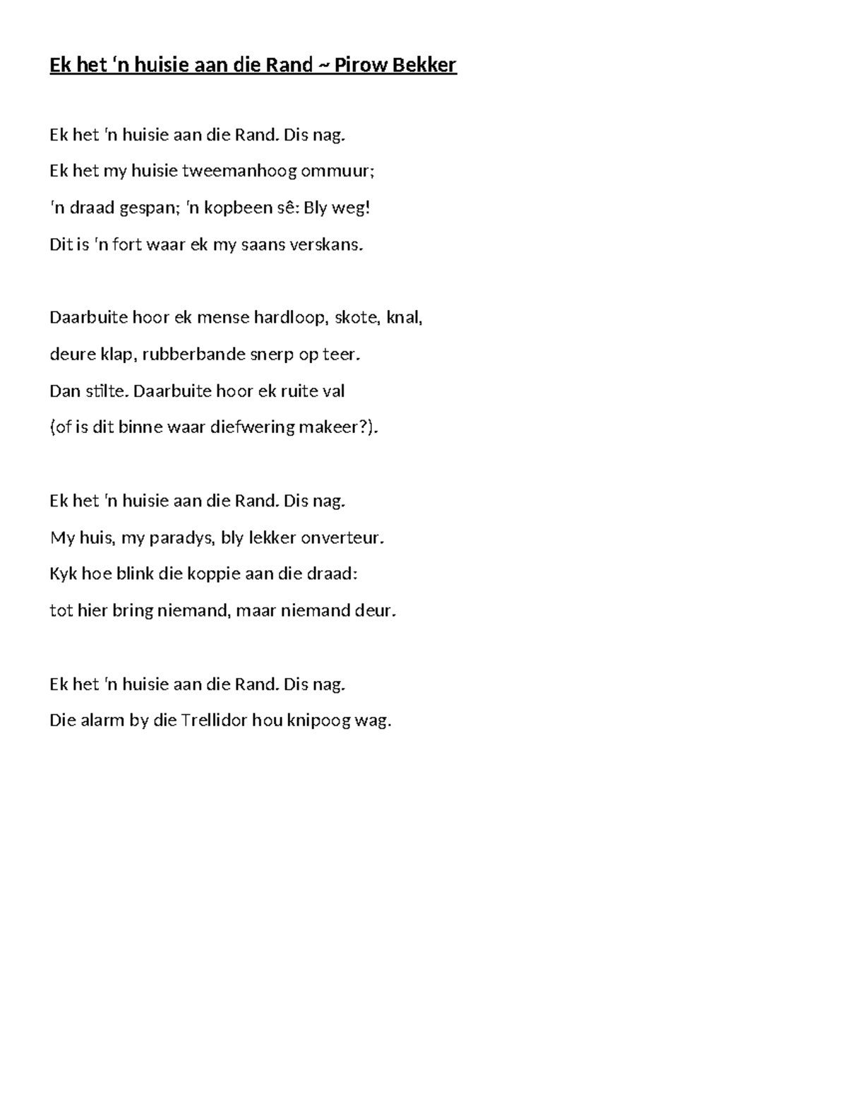 Ek het n huisie op die rand afri poem - Ek het ‘n huisie aan die Rand ...