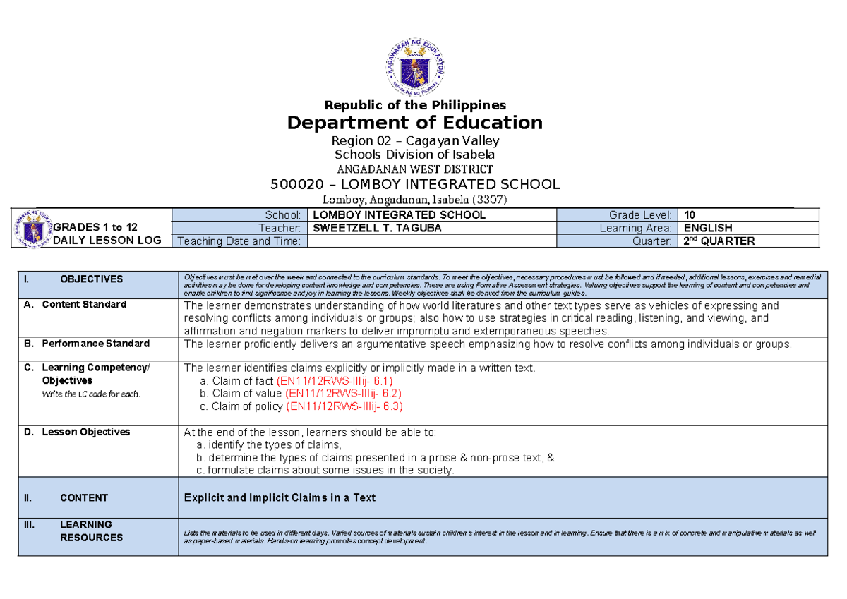 DLP COT2 2023 Grade 10 English - Republic of the Philippines Department of Education Region 02 ...