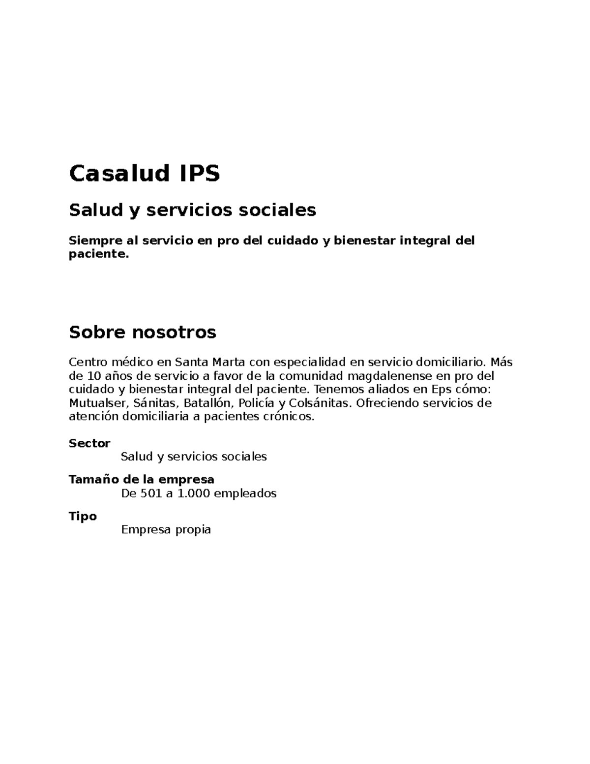 Casalud IPS trabajo - una descripcion - Casalud IPS Salud y servicios sociales Siempre al ...