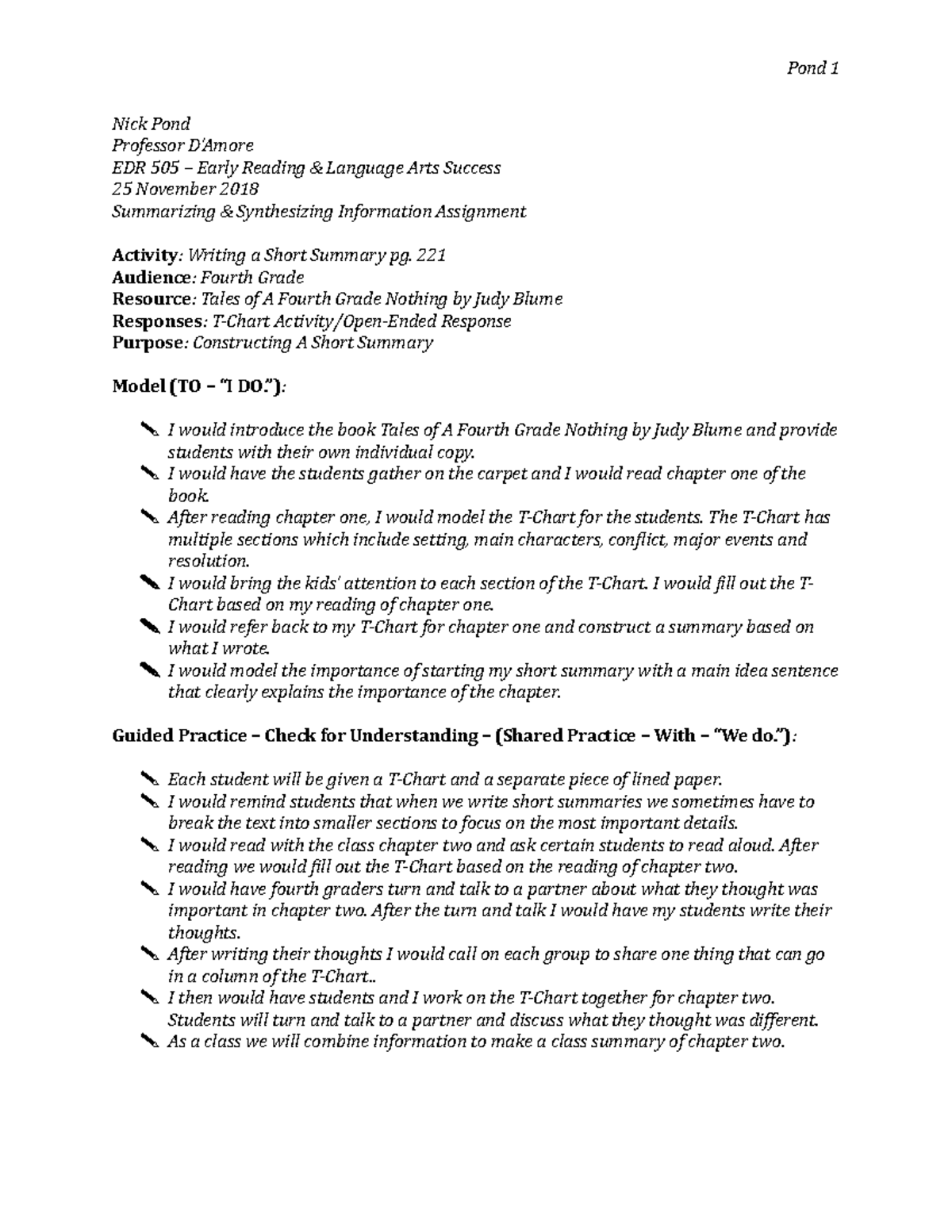Summarizing & Sythesizing Assignment - Pond 1 Nick Pond Professor D ...