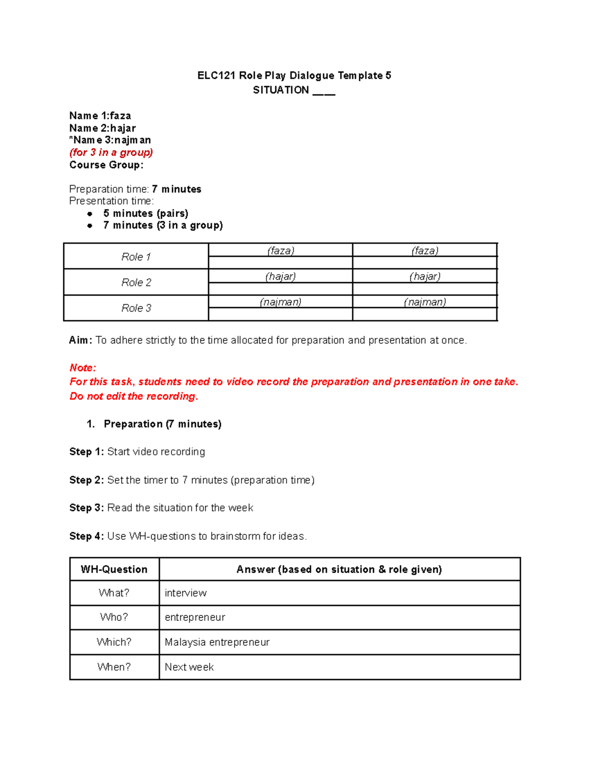ELC121 Role Play Dialogue Template 5 - Note: For this task, students ...