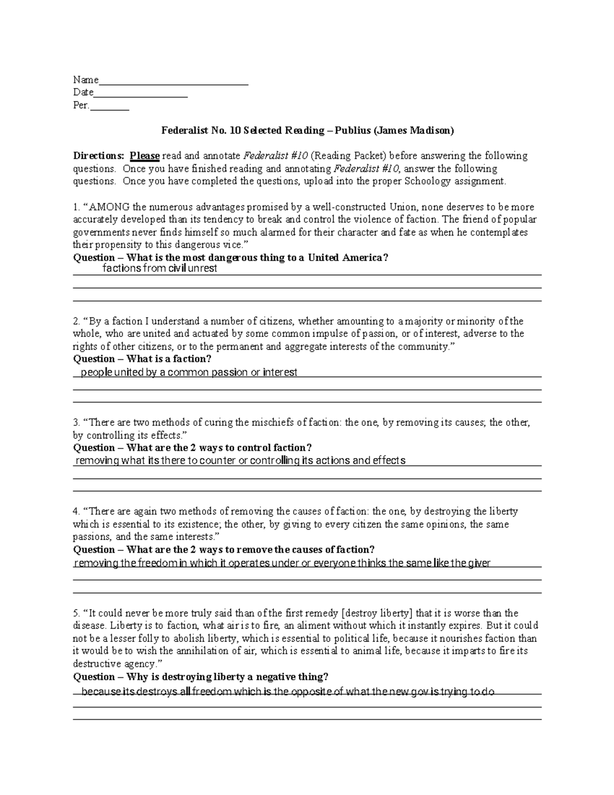 Kami Export - Federalist+#10+Selected+Reading+Questions+ - Name