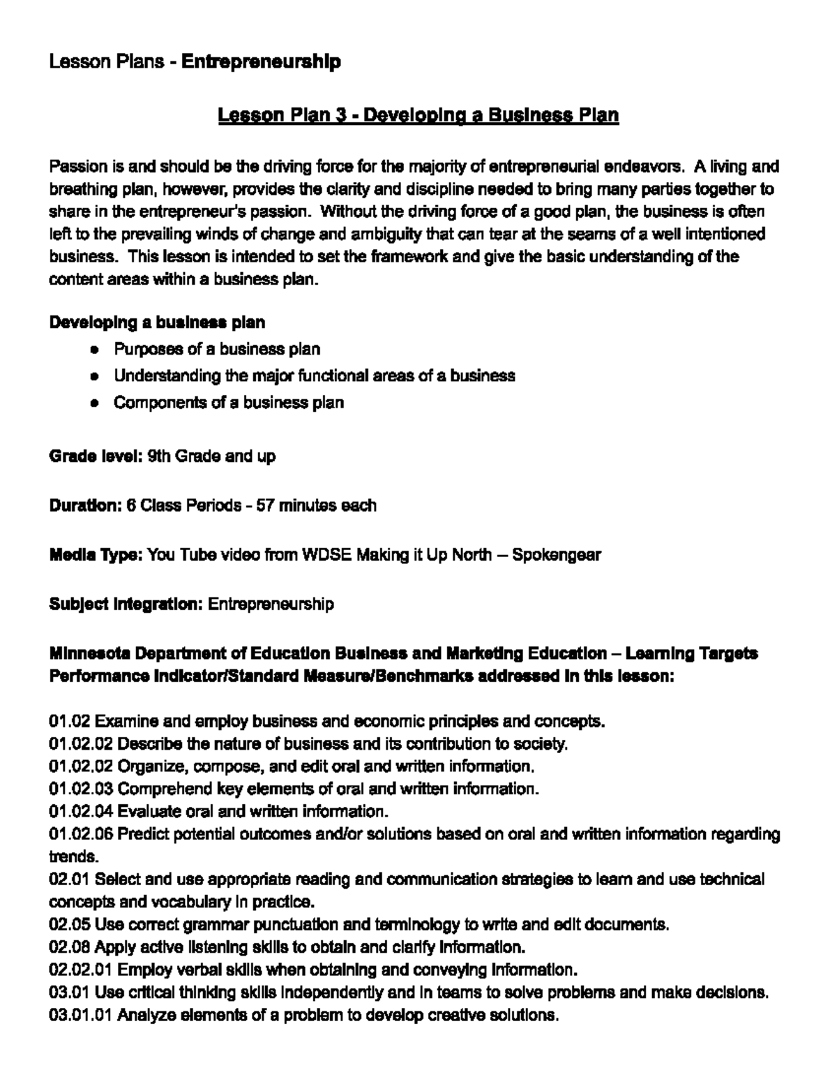 Developing Business - Lesson Plans Entrepreneurship Lesson Plan 3 ...
