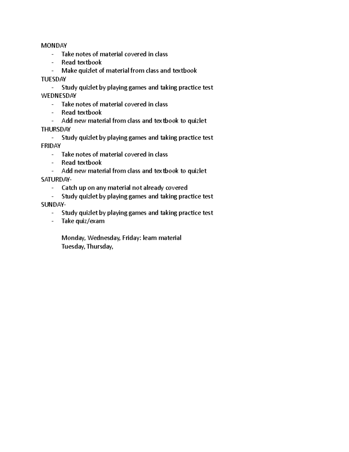 Study plan example assignment - MONDAY Take notes of material covered ...