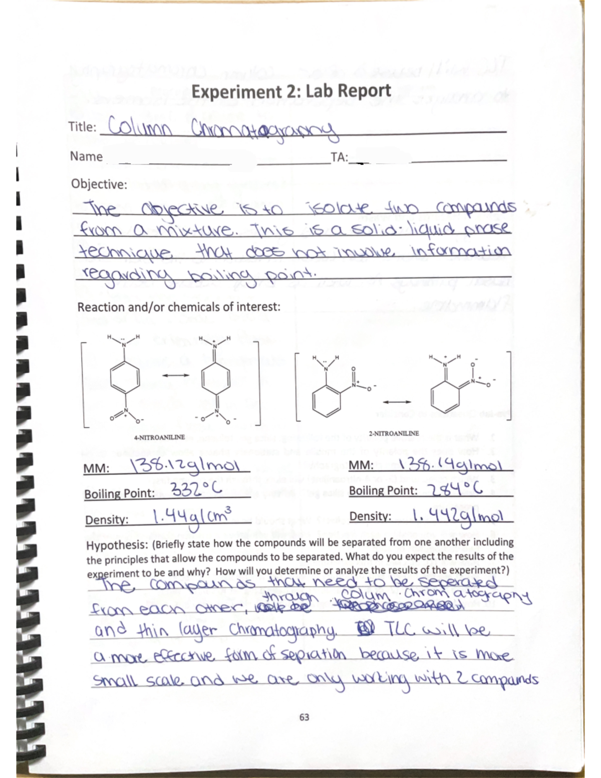 Exp2- Lab Report - Experiment 2: Lab Report Title: Colma TA: Nooh Objective: Reaction and/or ...