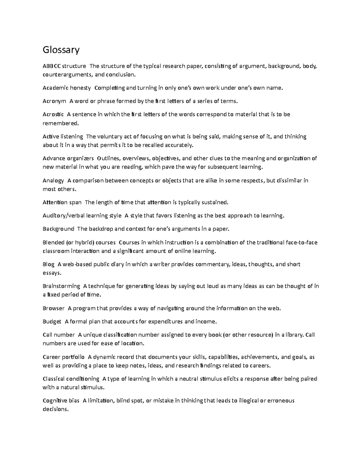 P.O.W.E.R. Learning Online Success Auxillary Pages - Glossary ABBCC ...