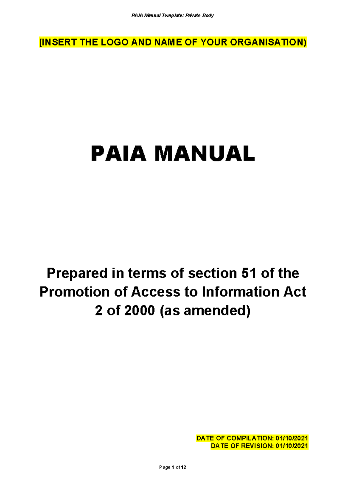 PAIA Manual Template Private Body - [INSERT THE LOGO AND NAME OF YOUR ...