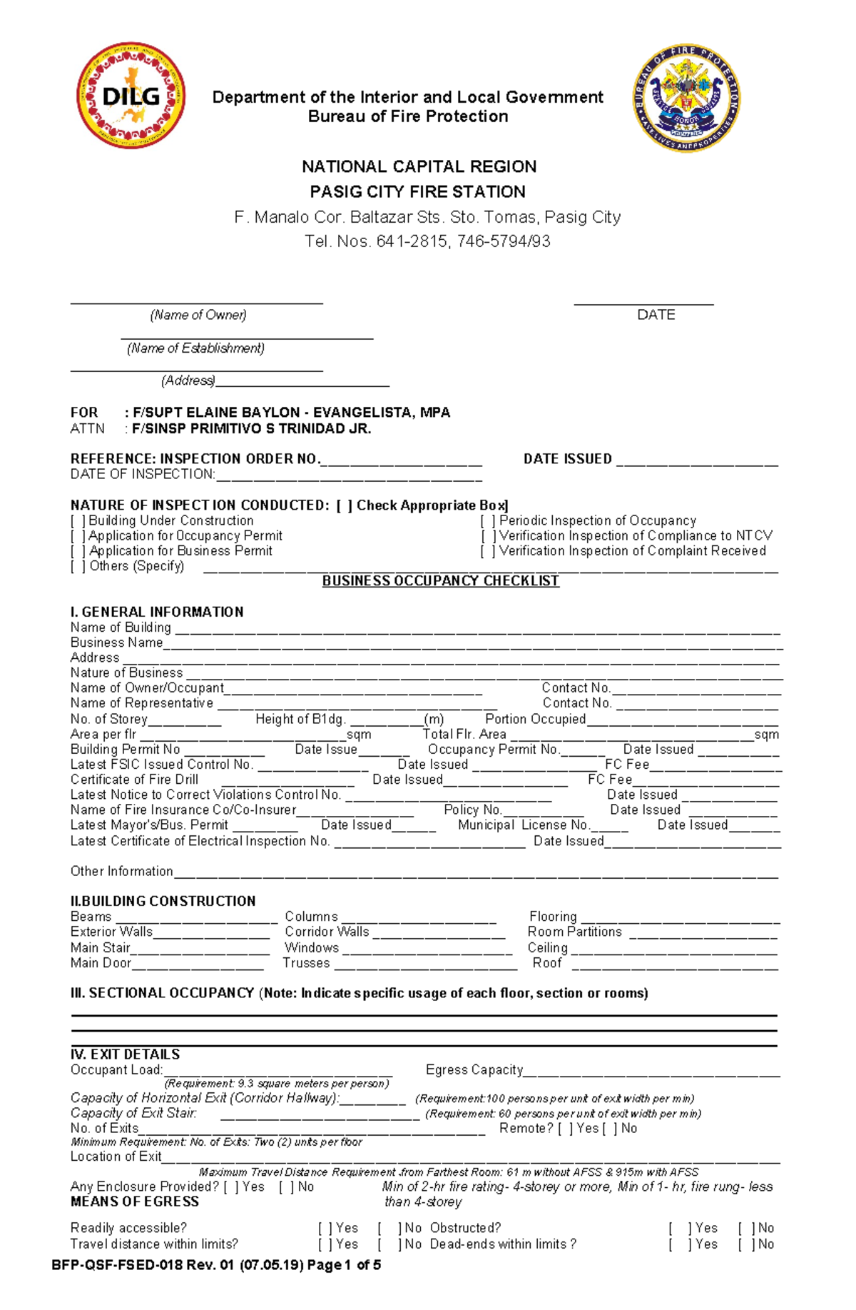 FSED 018 Checklist Business Occupancy Rev01 Rev01 070519 - Department ...
