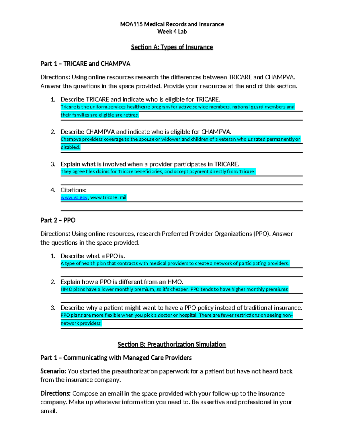Week 4 Online Lab 15e complete - MOA115 Medical Records and Insurance Week 4 Lab Section A ...
