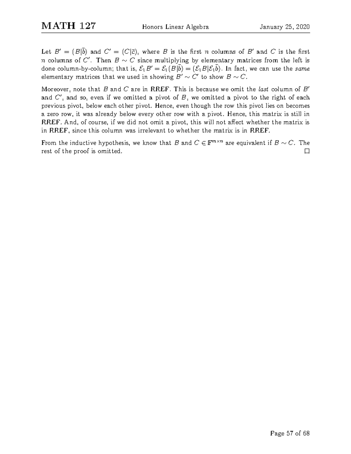 MATH 235-57 - Lecture notes 57 - MATH 127 Honors Linear Algebra January ...