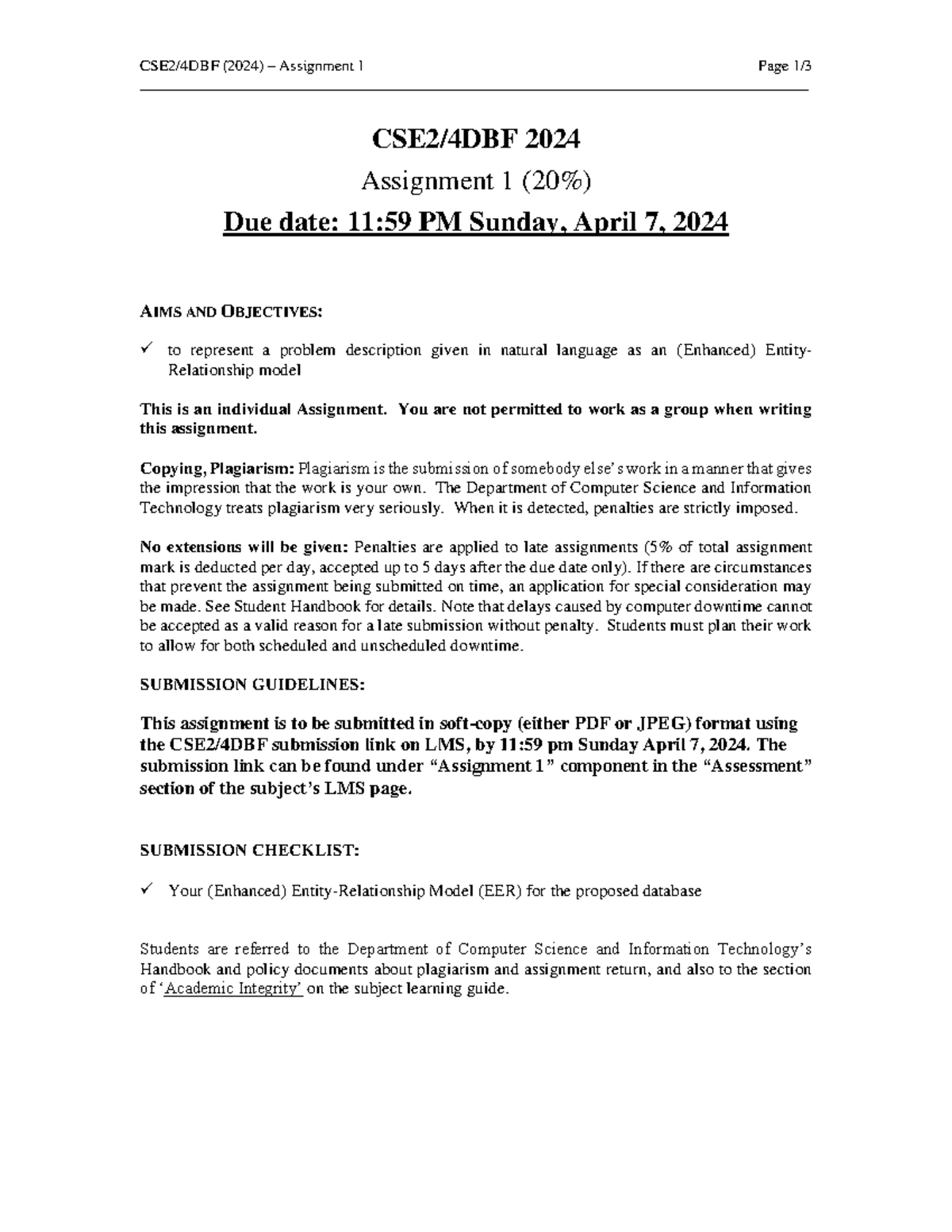 Assignment 1 Description - CSE 2 /4DBF (20 24 ) – Assignment 1 Page 1 / 3 - Studocu