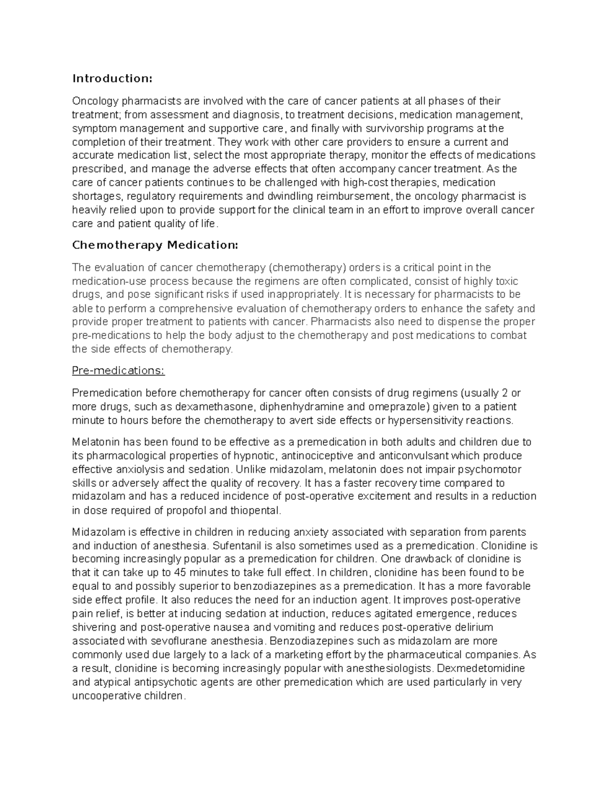 Sabnoor assignment - cncer - Introduction: Oncology pharmacists are ...