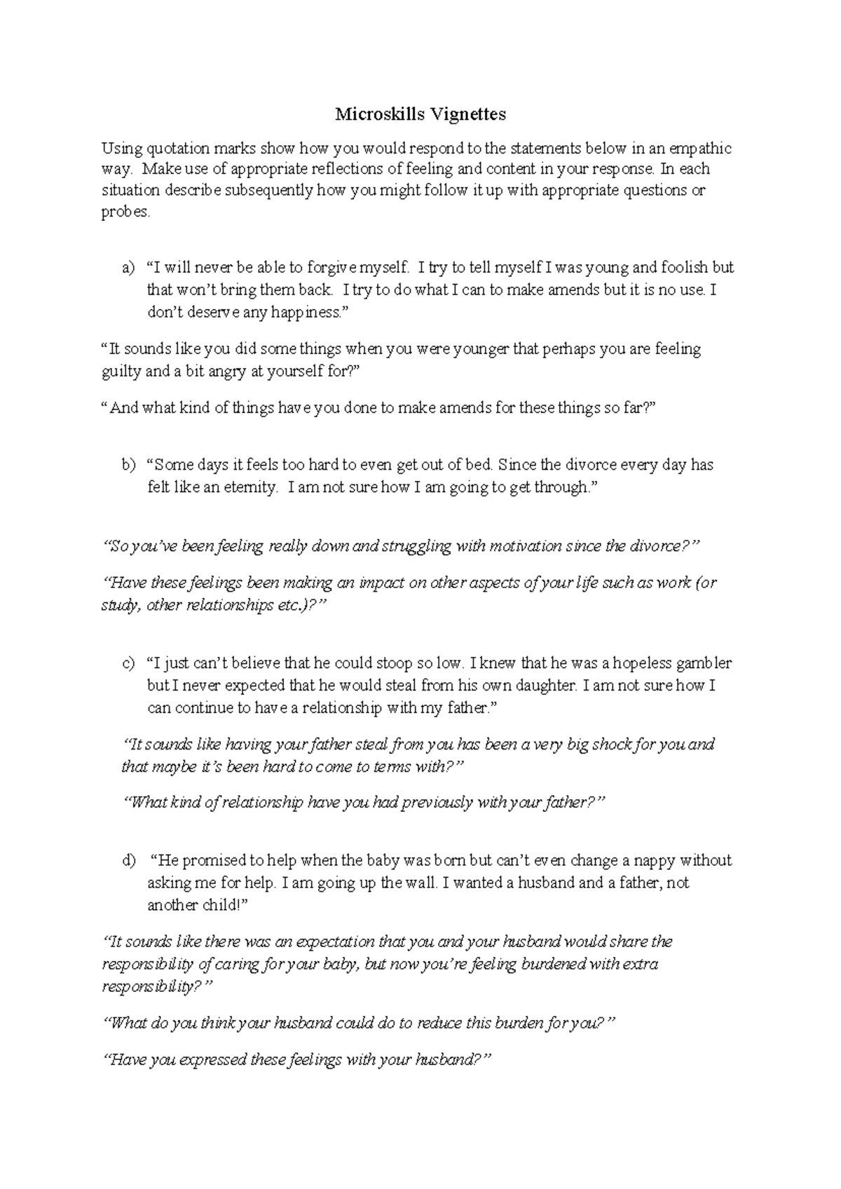 Microskills Exercises for Counselling Practice - Microskills Vignettes ...